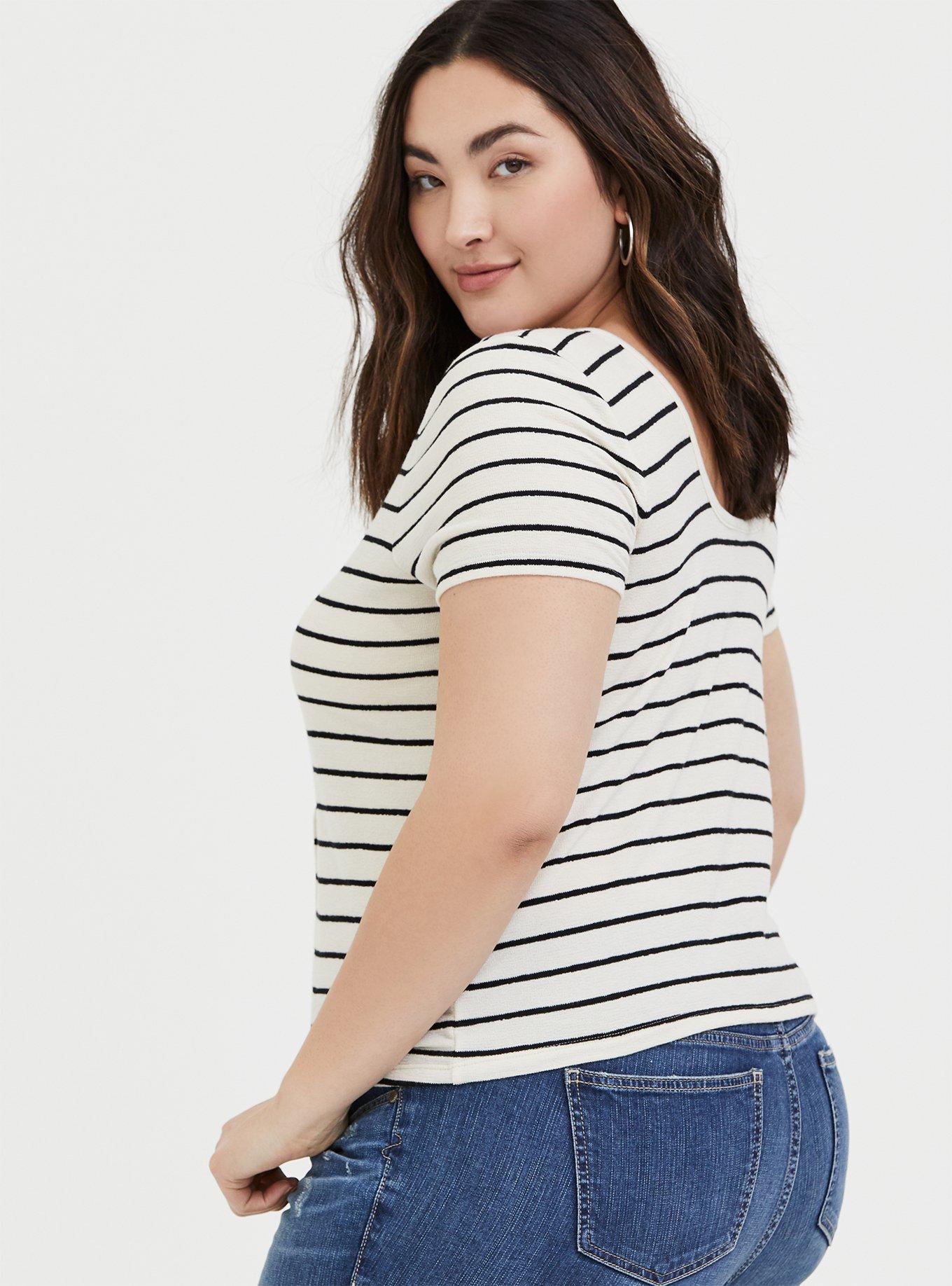 Plus Size - Ivory & Black Stripe Rib Button Midi Tee - Torrid