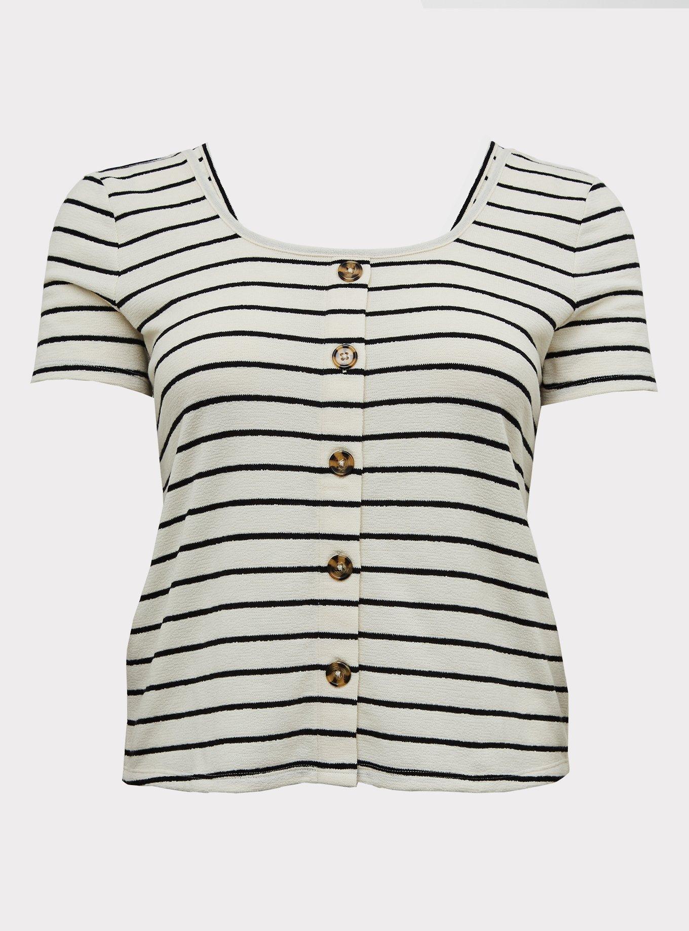 Plus Size - Ivory & Black Stripe Rib Button Midi Tee - Torrid