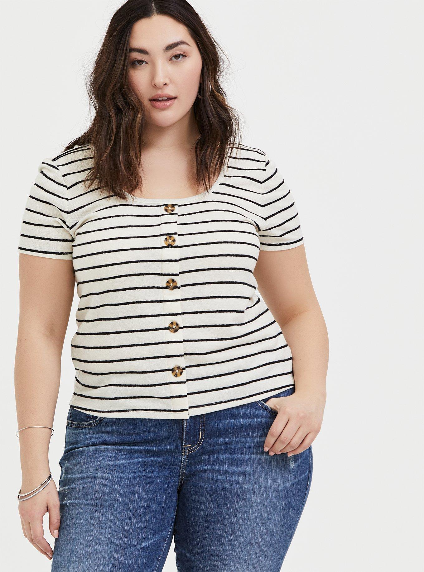 Plus Size - Ivory & Black Stripe Rib Button Midi Tee - Torrid