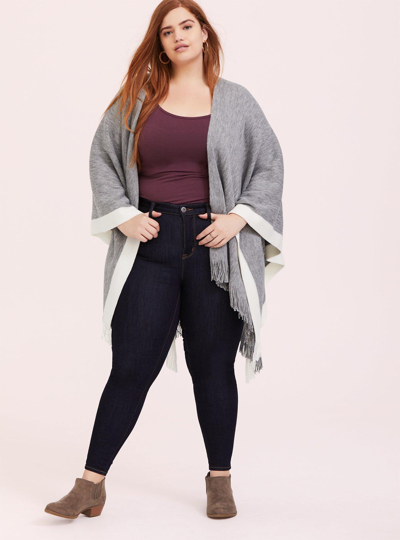 Plus Size - Light Grey & White Contrast Fringe Ruana - Torrid