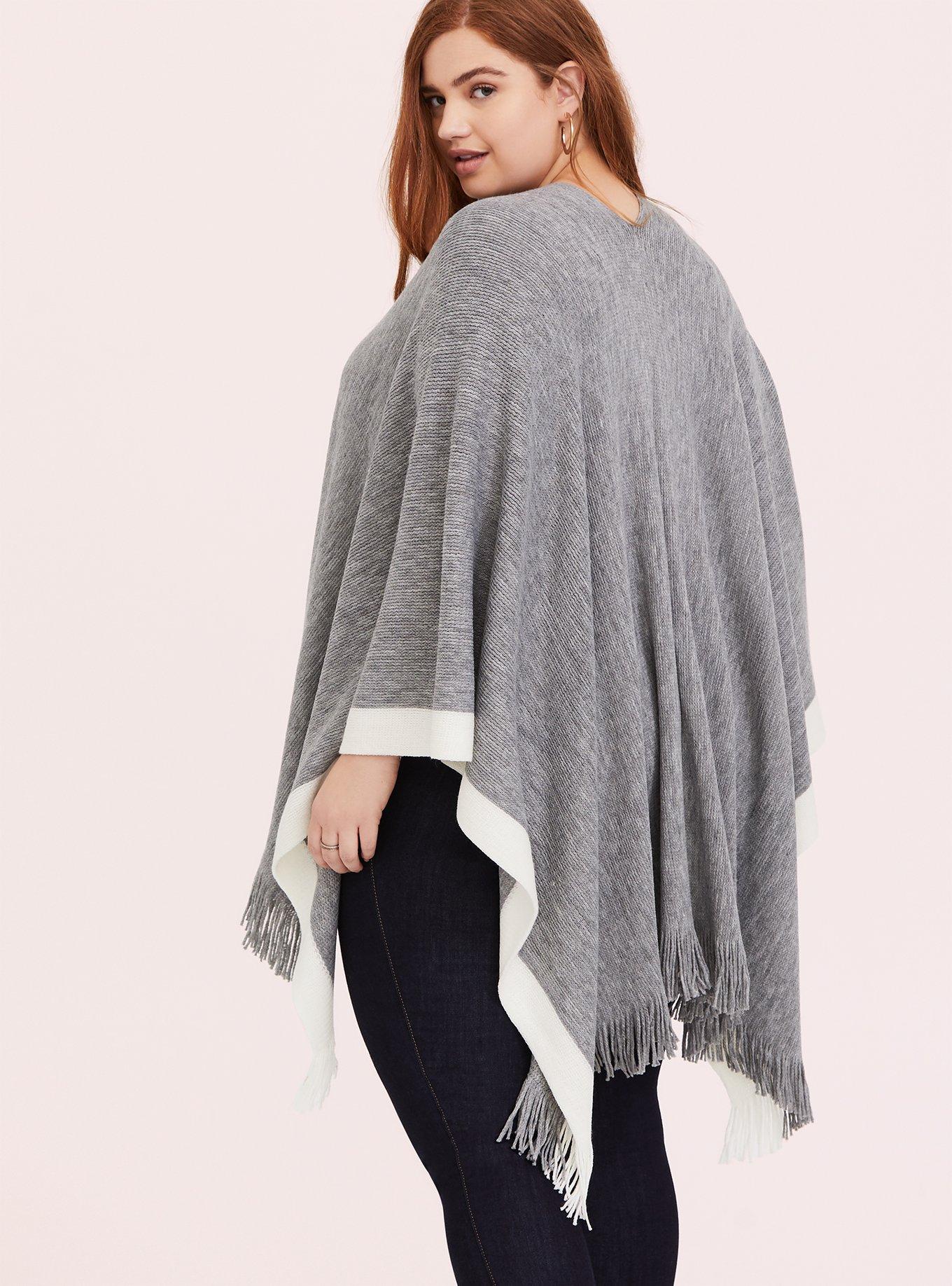Plus Size - Light Grey & White Contrast Fringe Ruana - Torrid