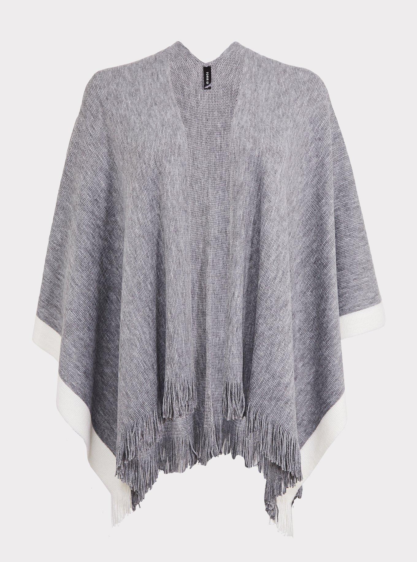 Plus Size - Light Grey & White Contrast Fringe Ruana - Torrid