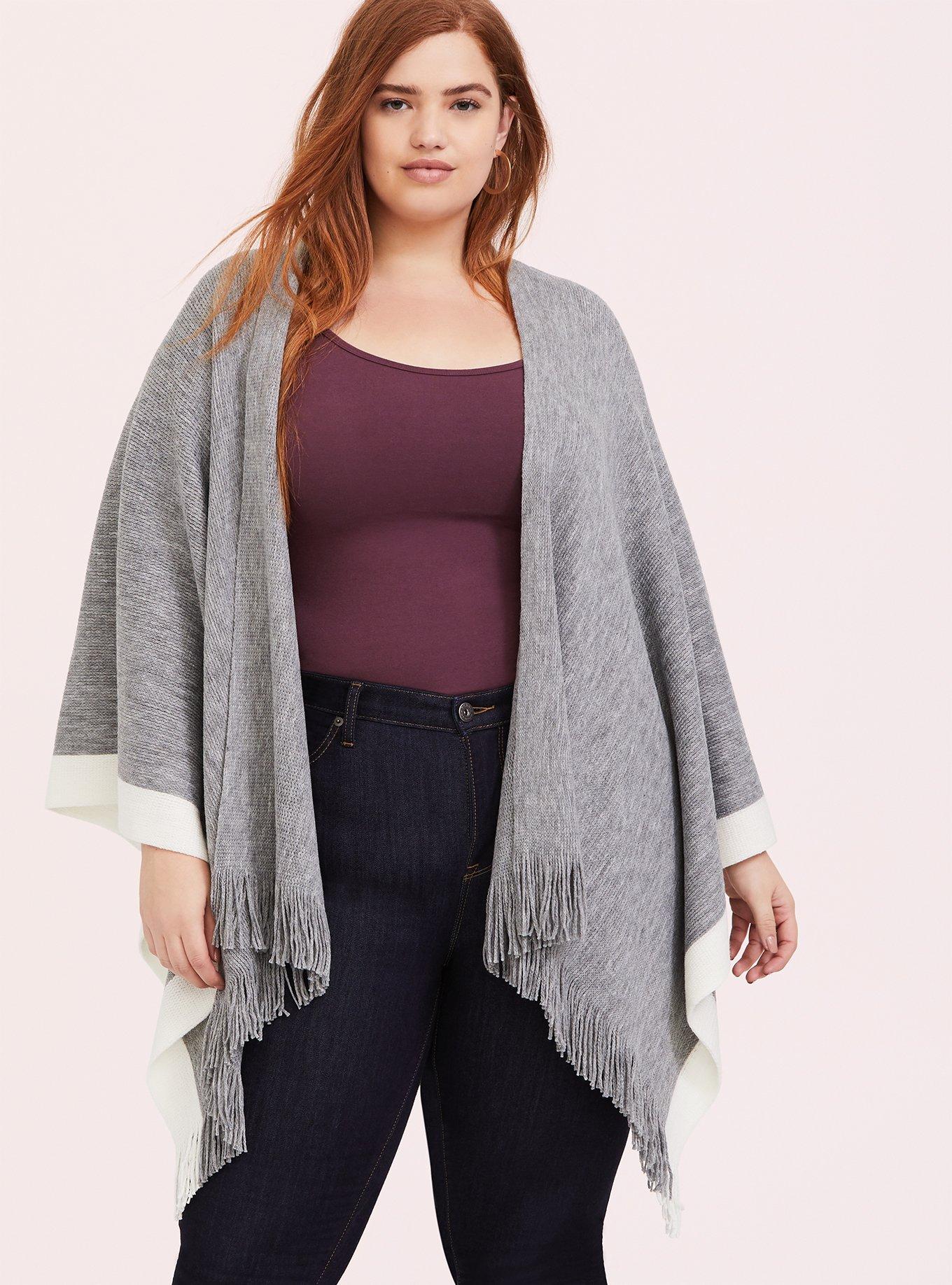 Plus Size - Light Grey & White Contrast Fringe Ruana - Torrid