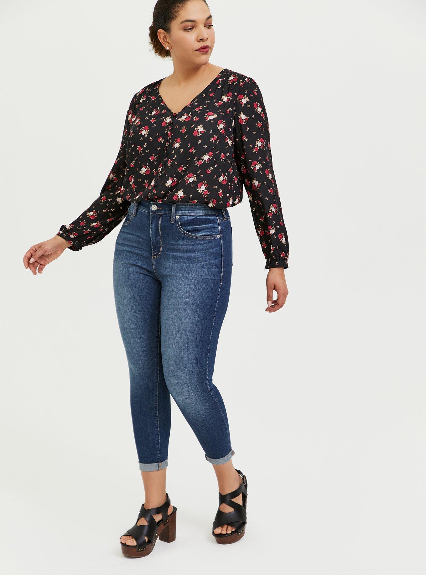 Plus Size - Black Floral Crepe Button Bodysuit - Torrid