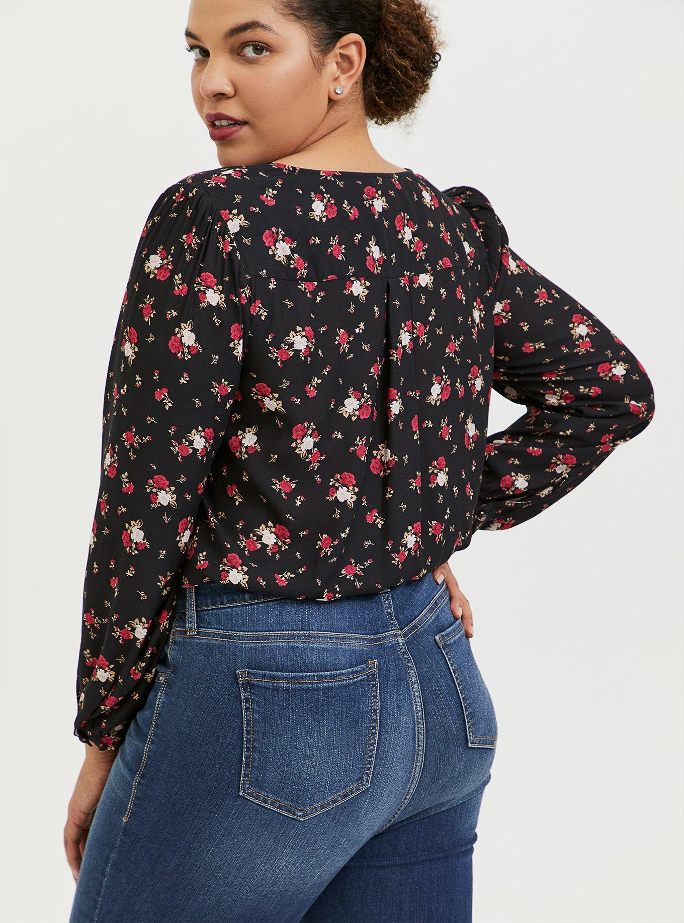 Plus Size - Black Floral Crepe Button Bodysuit - Torrid