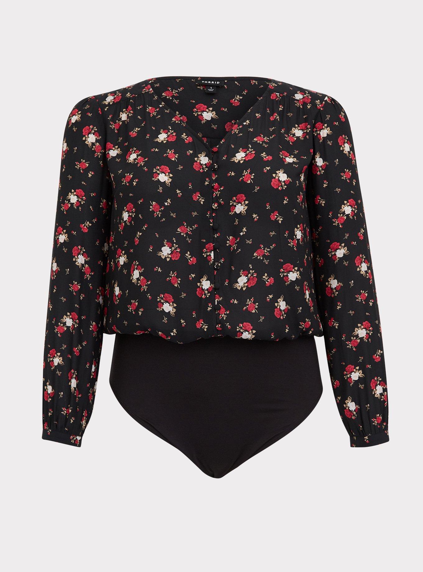 Plus Size - Black Floral Crepe Button Bodysuit - Torrid