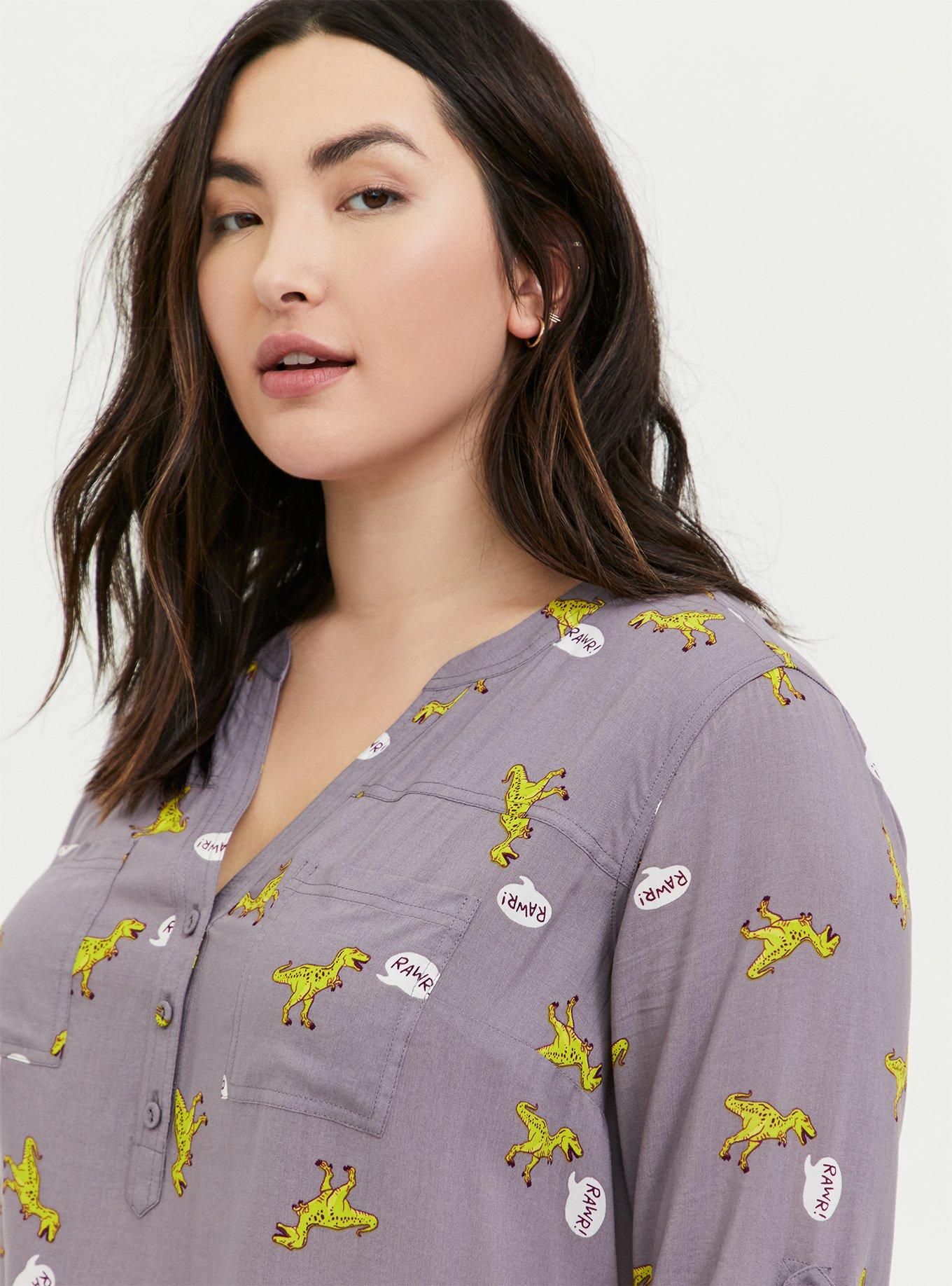 Plus Size - Harper - Rawr T-Rex Slate Grey Challis Pullover Blouse - Torrid