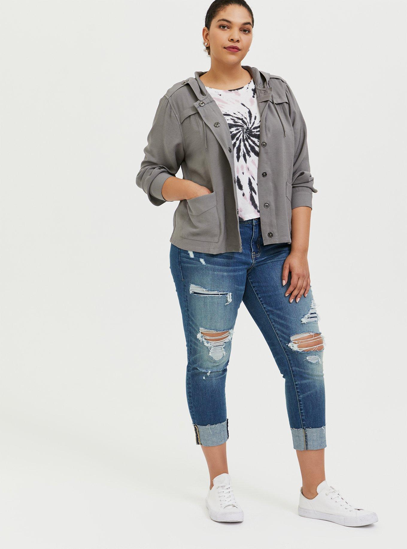 Plus Size - Grey Twill Hooded Crop Jacket - Torrid