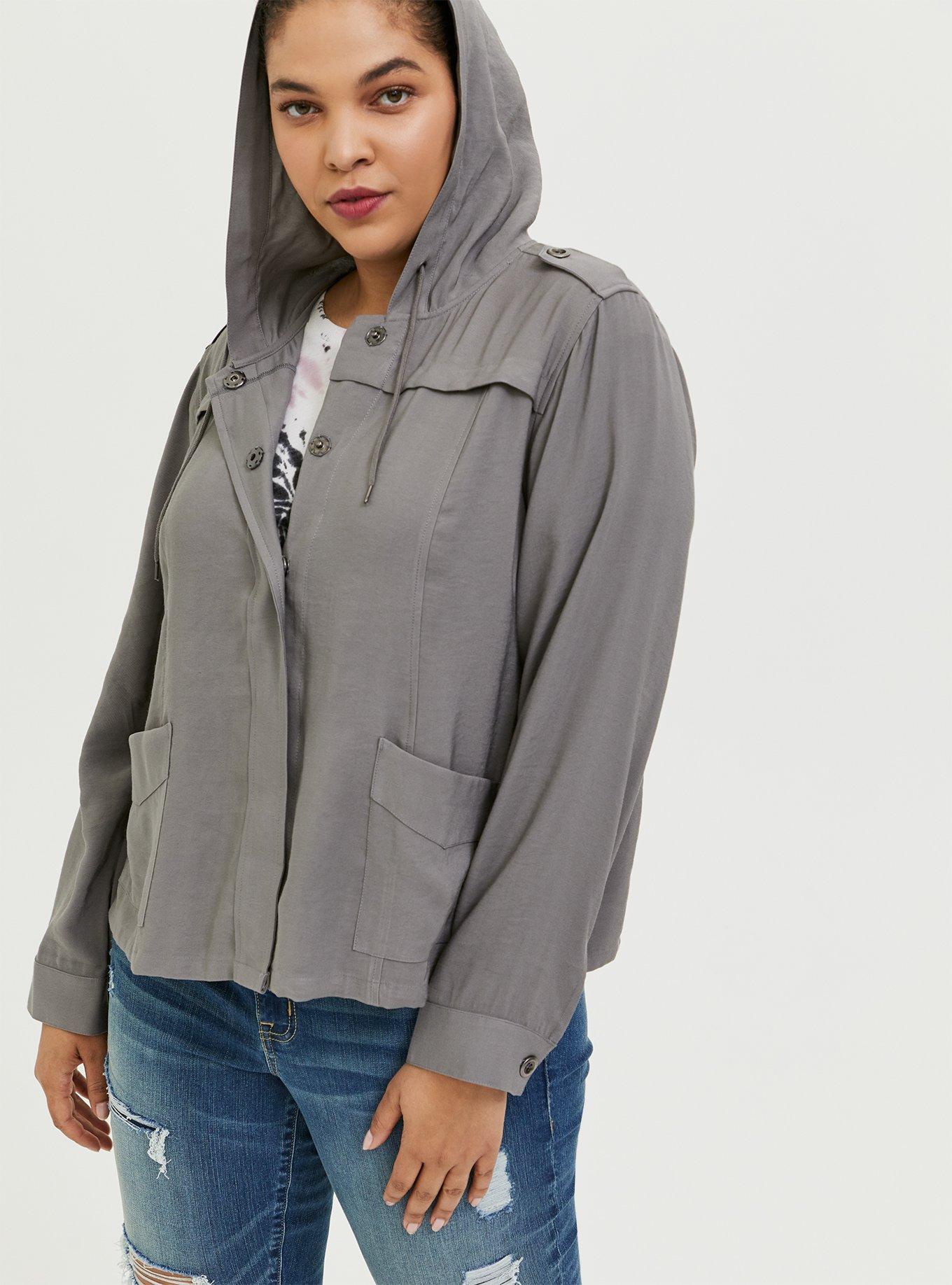Plus Size - Grey Twill Hooded Crop Jacket - Torrid