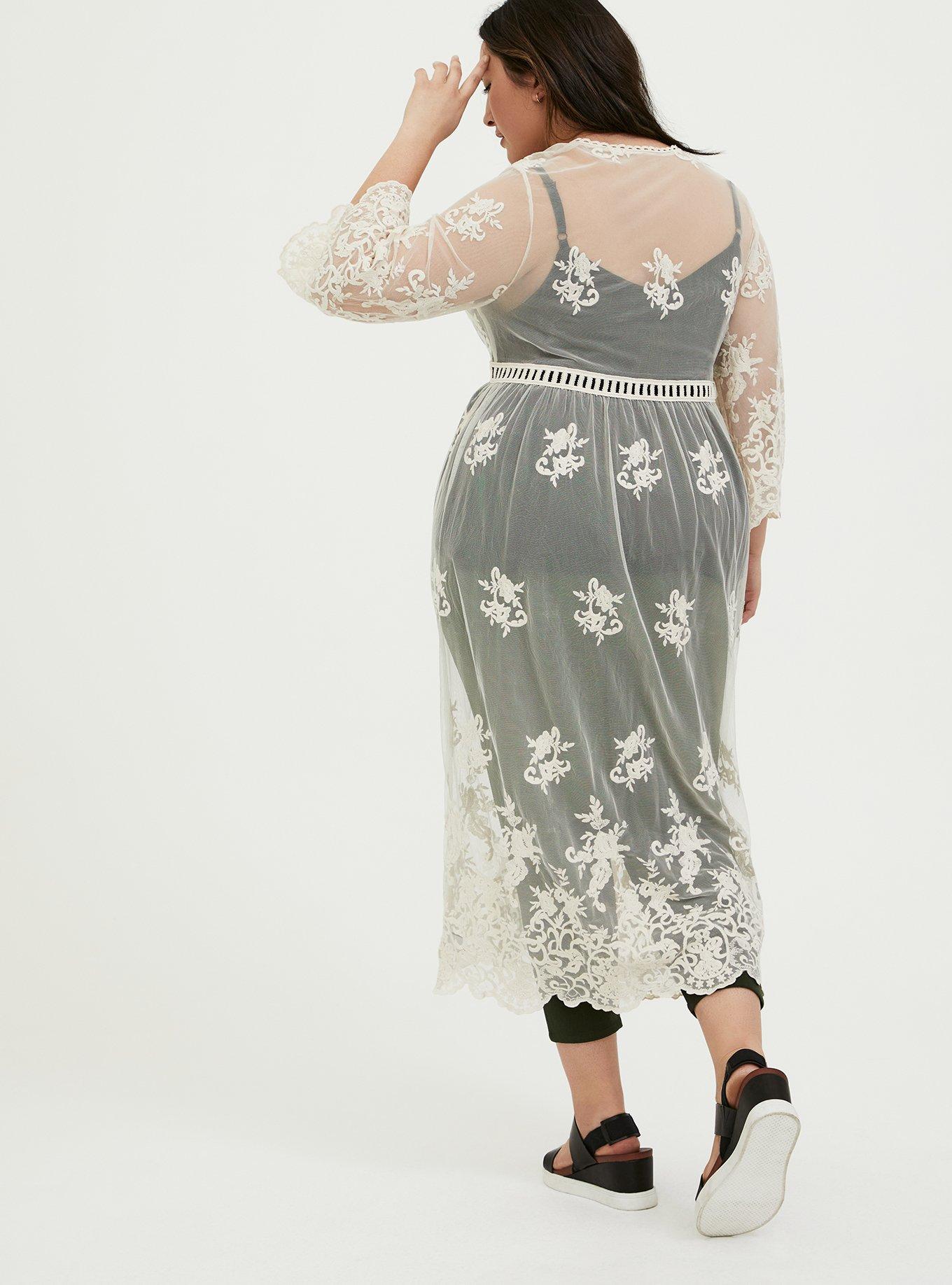 Plus Size - Ivory Mesh Embroidered Duster Kimono - Torrid