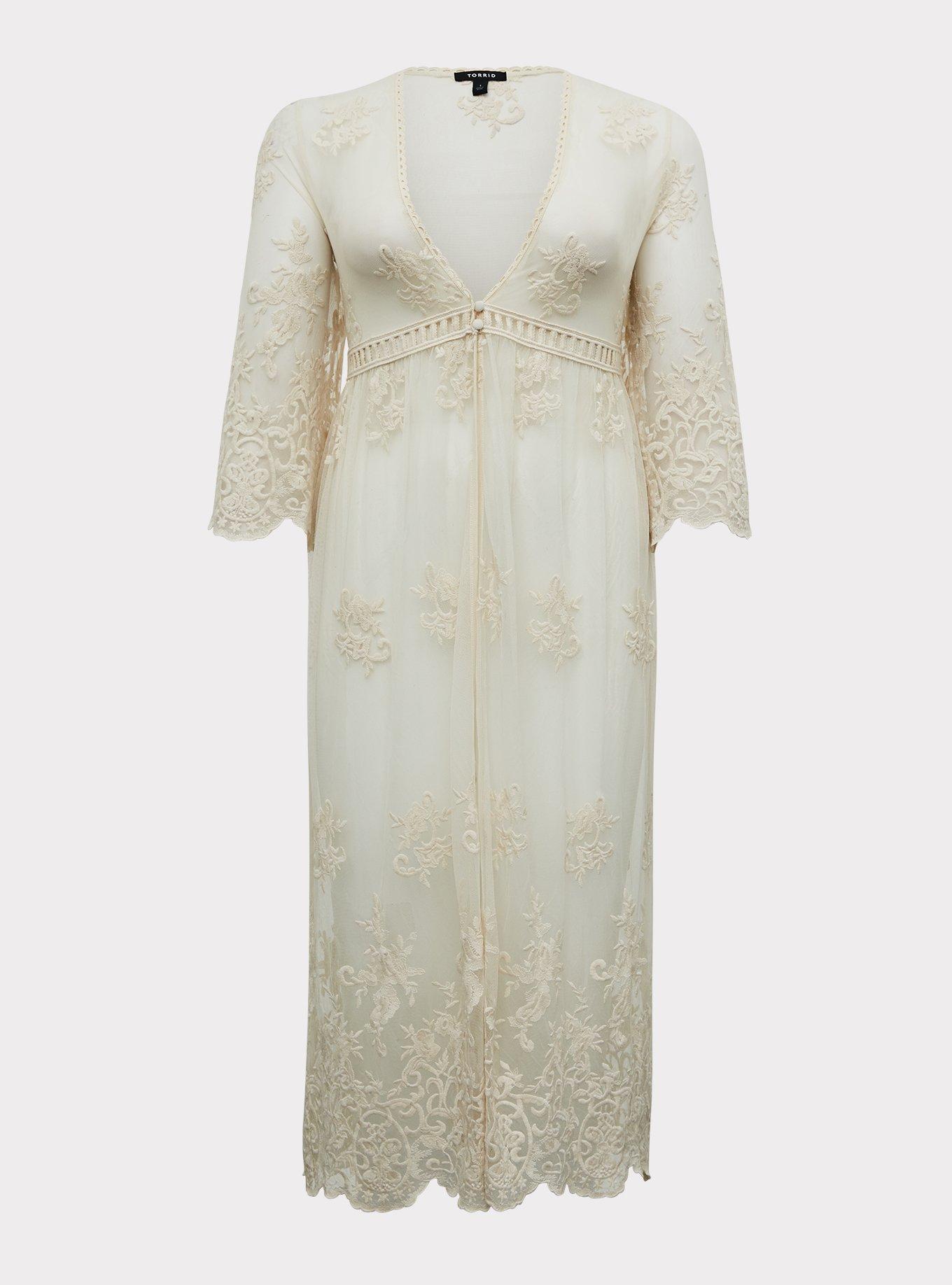 Plus Size - Ivory Mesh Embroidered Duster Kimono - Torrid