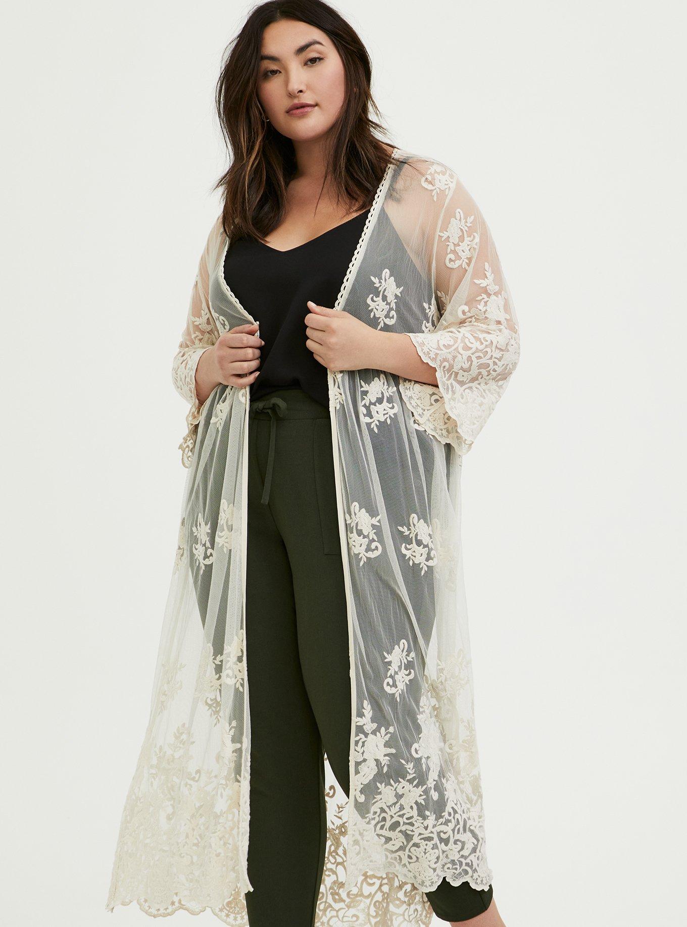 Plus Size - Ivory Mesh Embroidered Duster Kimono - Torrid