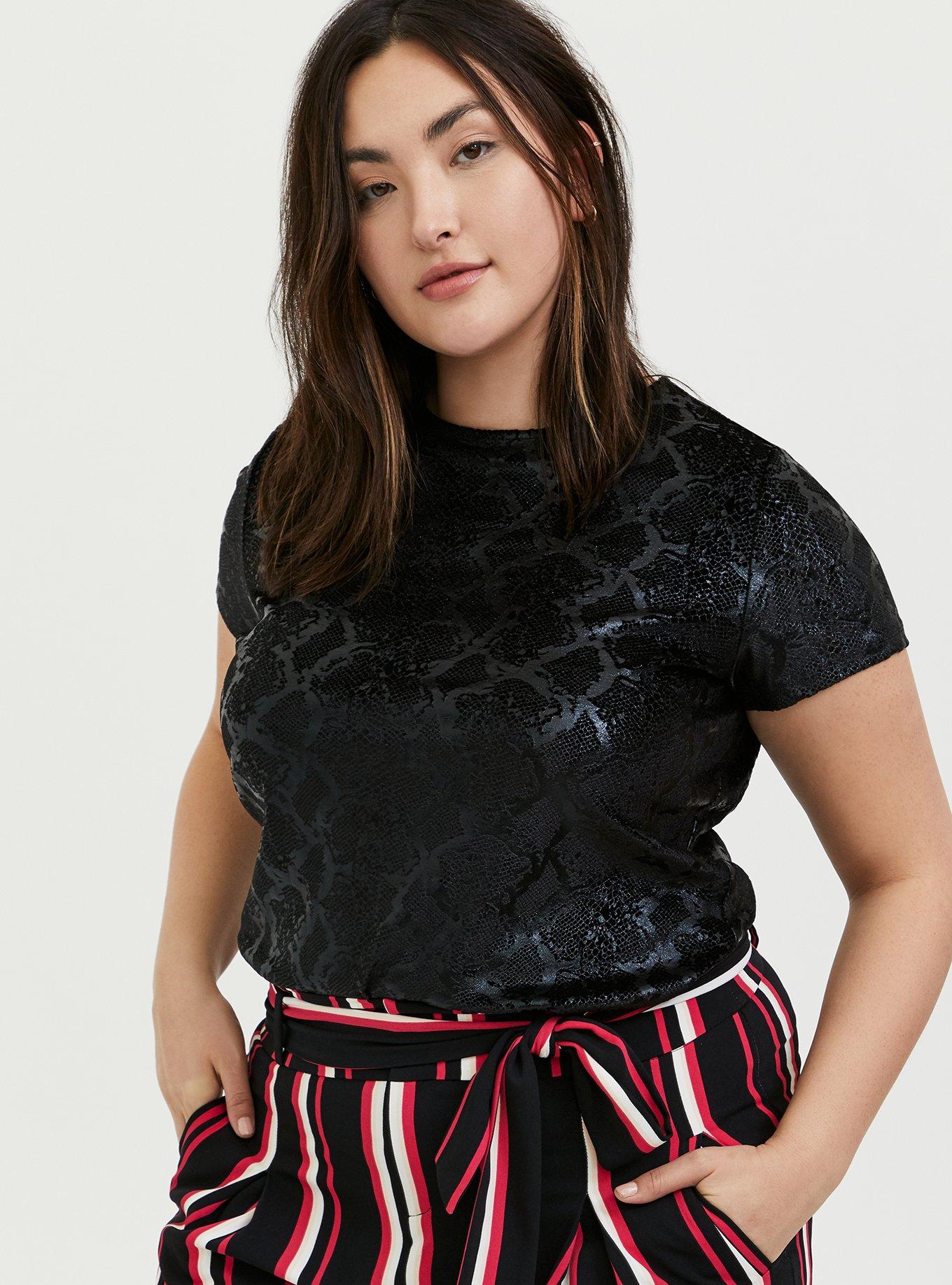 Plus Size - Black Snakeskin Print Velvet High Neck Tee - Torrid