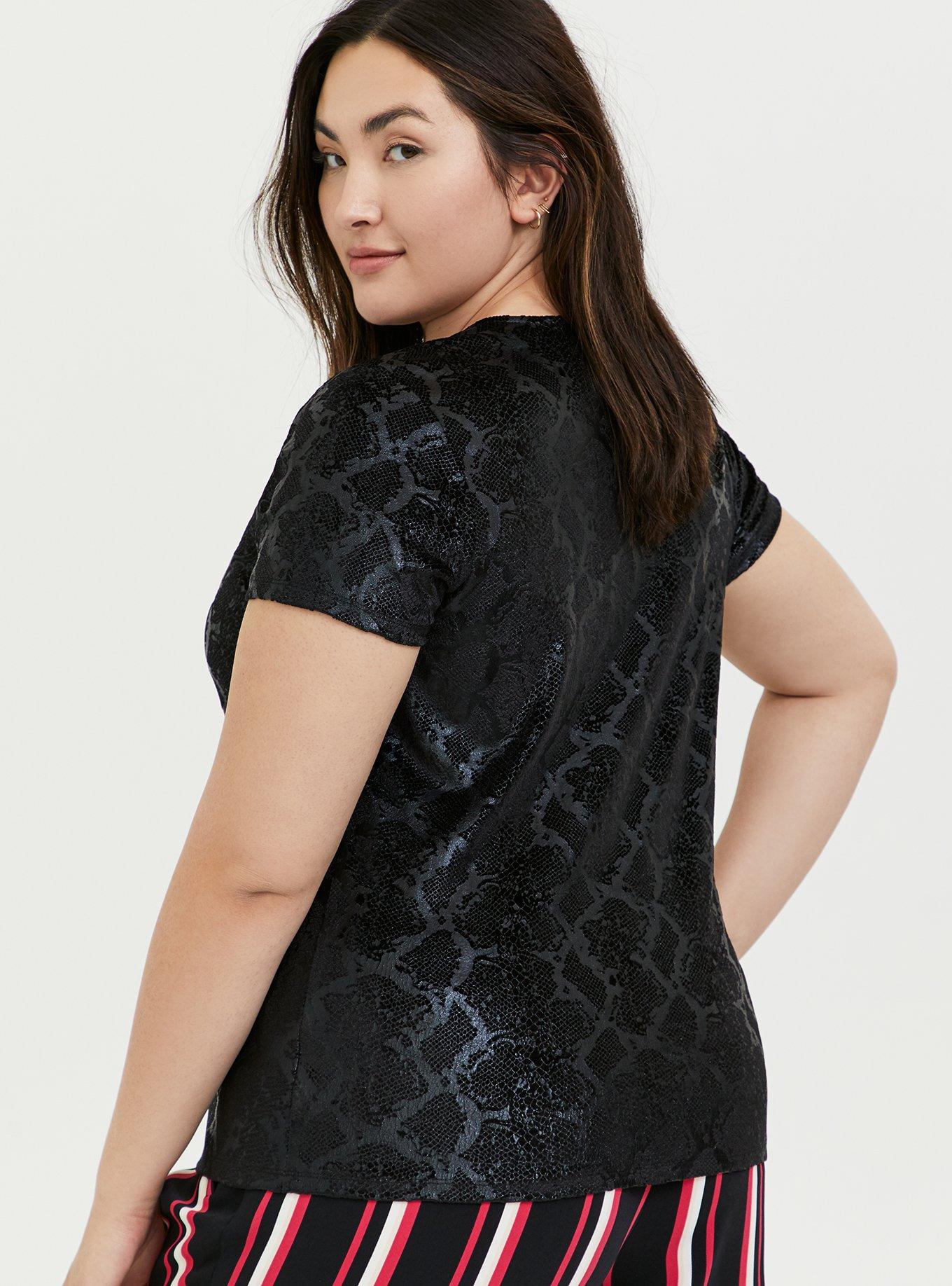 Plus Size - Black Snakeskin Print Velvet High Neck Tee - Torrid
