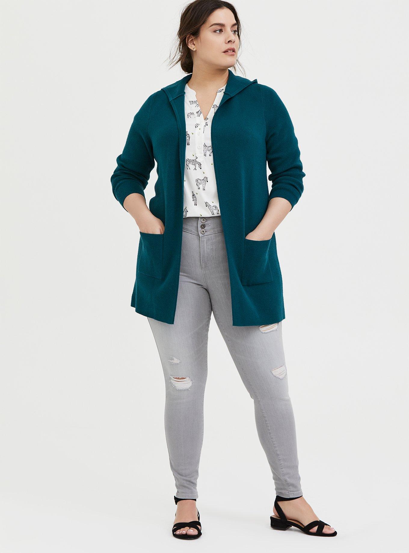 Plus Size - Dark Teal Open Front Hooded Cardigan - Torrid
