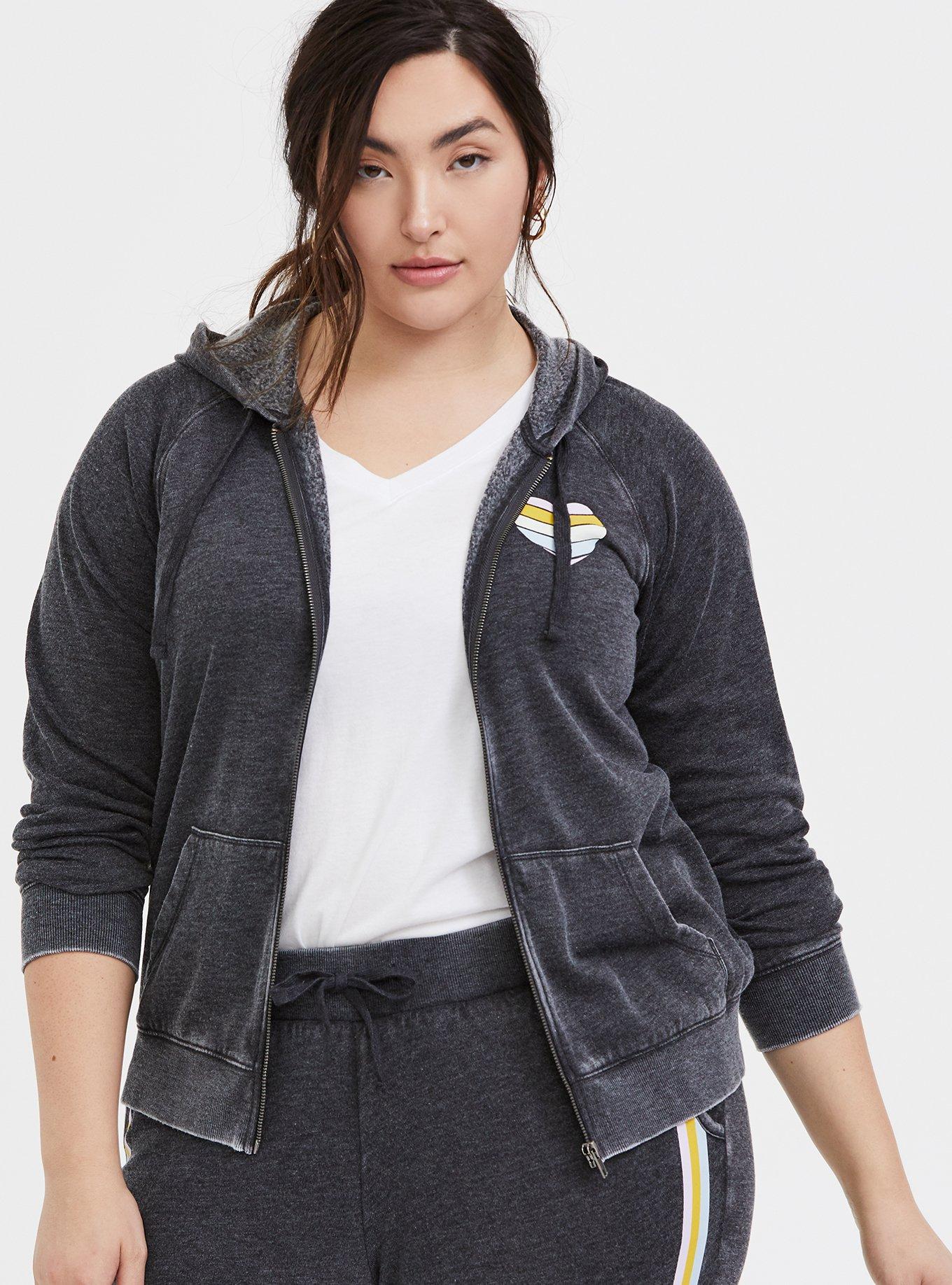Plus Size - Good Vibes Heart Black Burnout Fleece Zip Hoodie - Torrid
