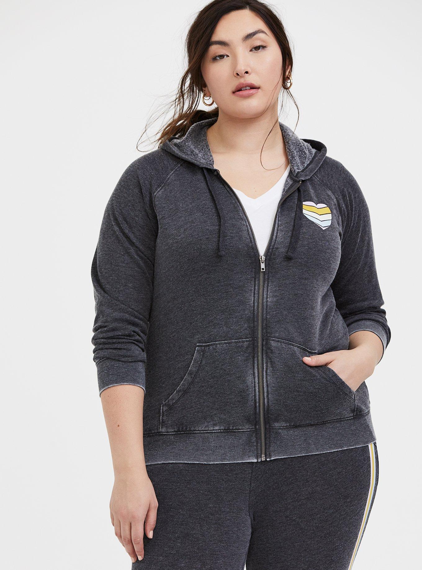 Plus Size - Good Vibes Heart Black Burnout Fleece Zip Hoodie - Torrid