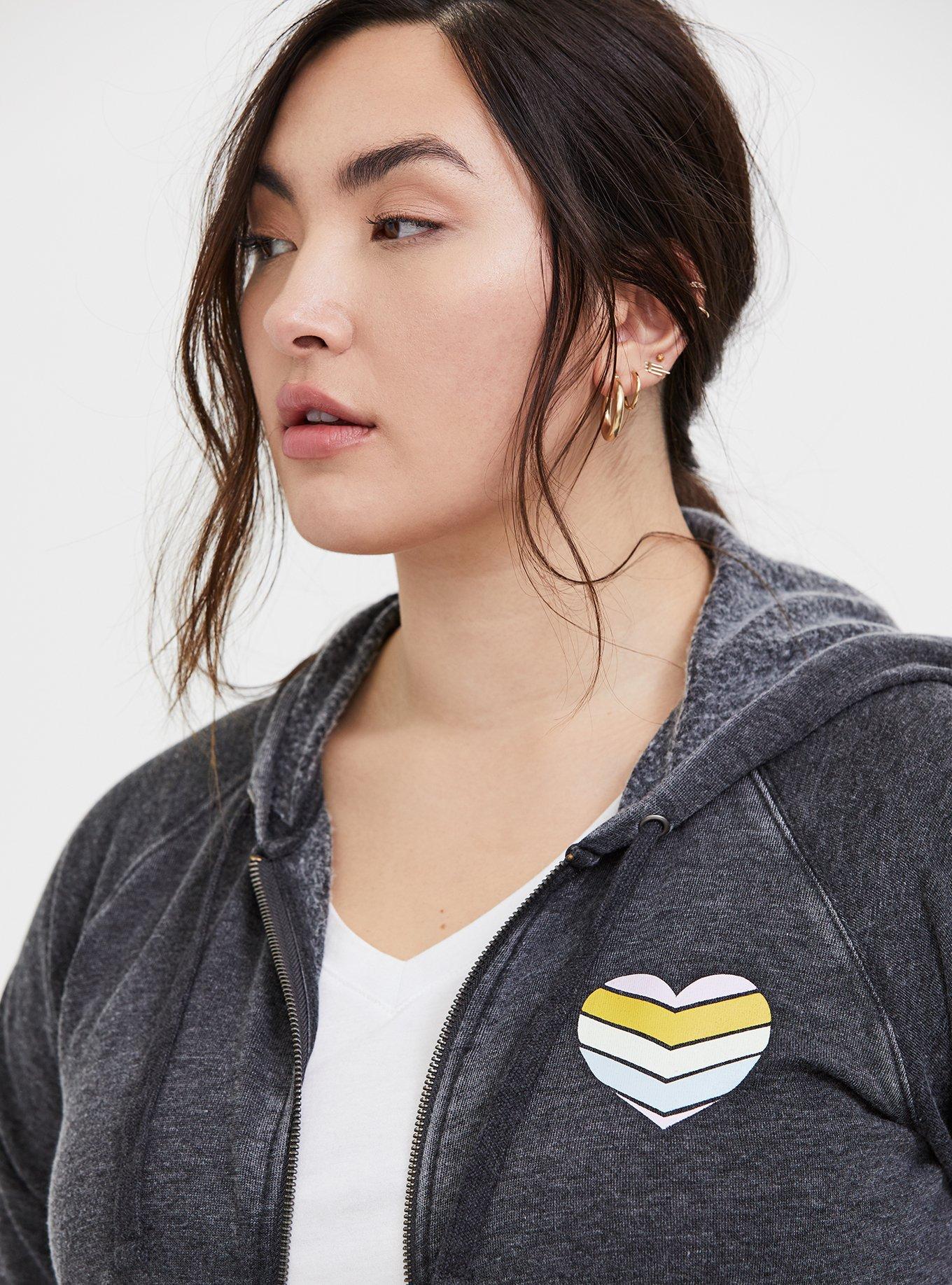 Plus Size - Good Vibes Heart Black Burnout Fleece Zip Hoodie - Torrid