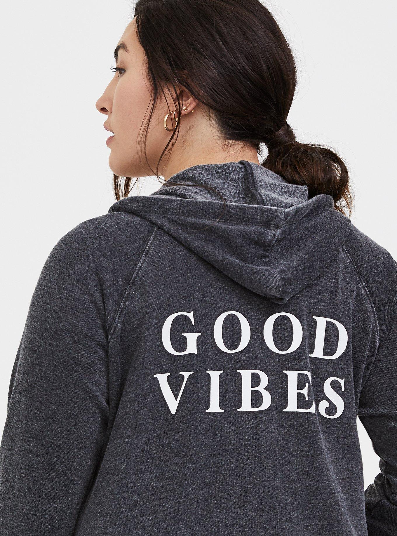 Plus Size - Good Vibes Heart Black Burnout Fleece Zip Hoodie - Torrid