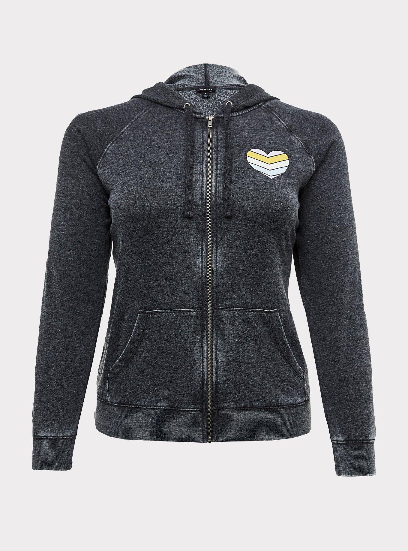 Plus Size - Good Vibes Heart Black Burnout Fleece Zip Hoodie - Torrid