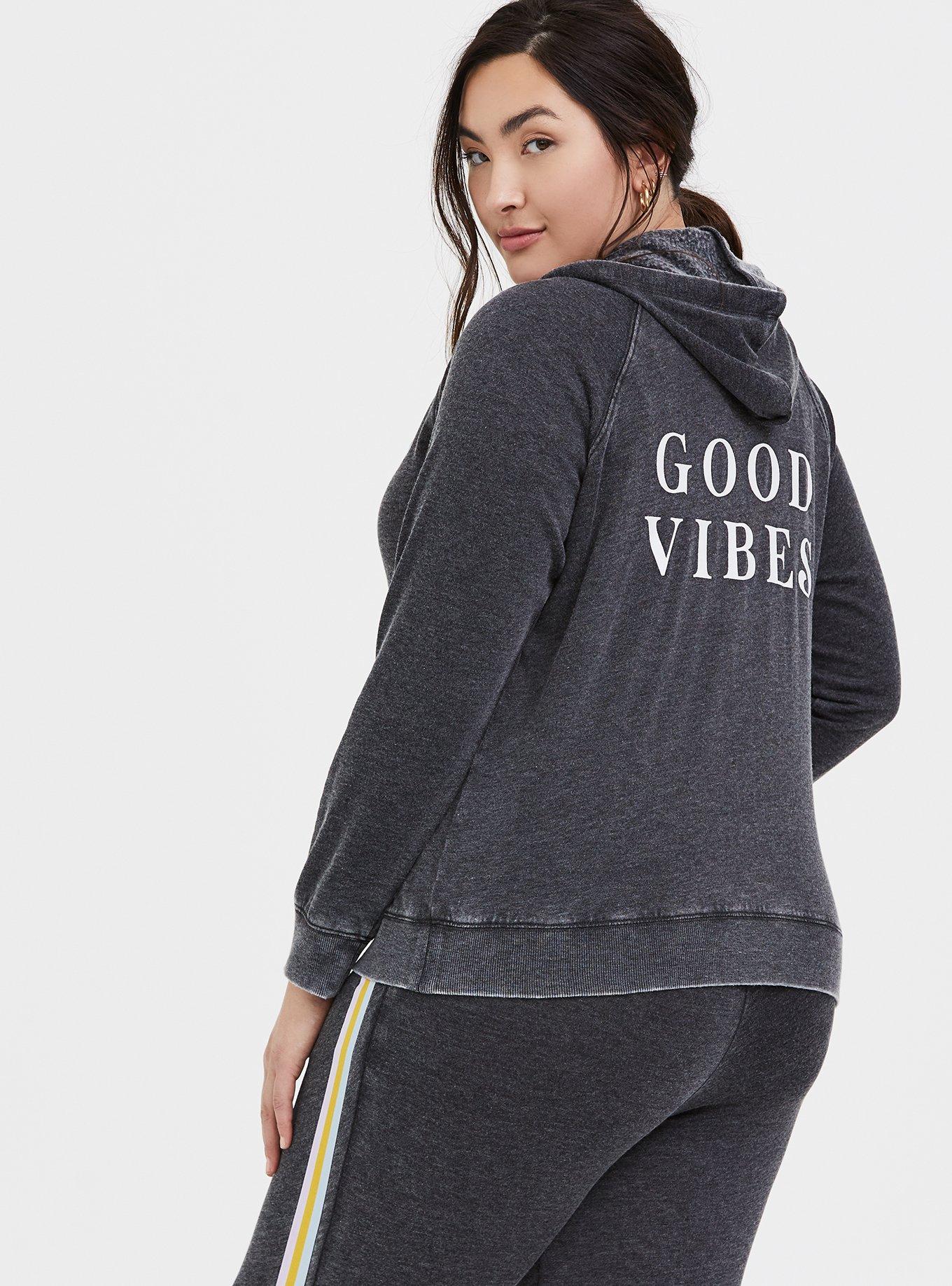 Plus Size - Good Vibes Heart Black Burnout Fleece Zip Hoodie - Torrid
