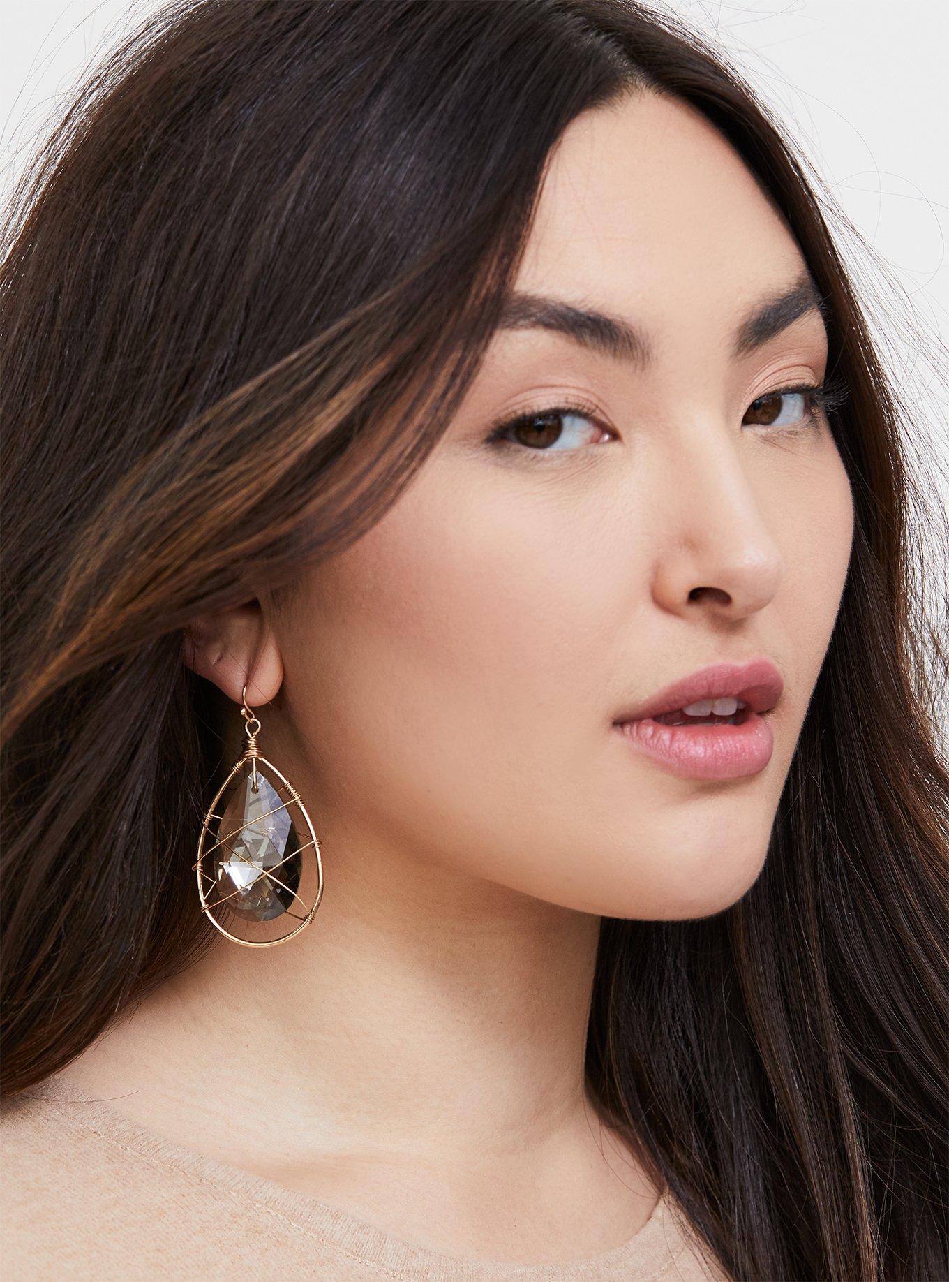 Plus Size - Gold-Tone & Black Rhinestone Teardrop Caged Earrings - Torrid