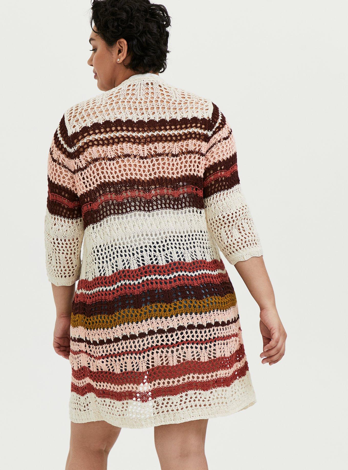 Plus Size - Ivory Multi Stripe Crochet Open Front Cardigan - Torrid