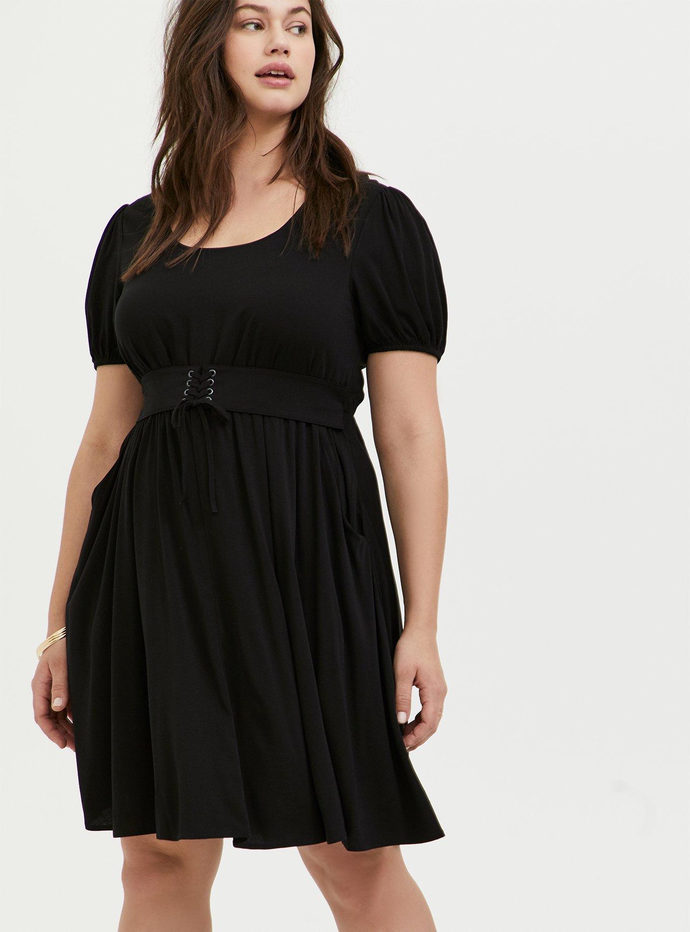 Plus Size - Black Challis Lace-Up Waist Skater Dress - Torrid