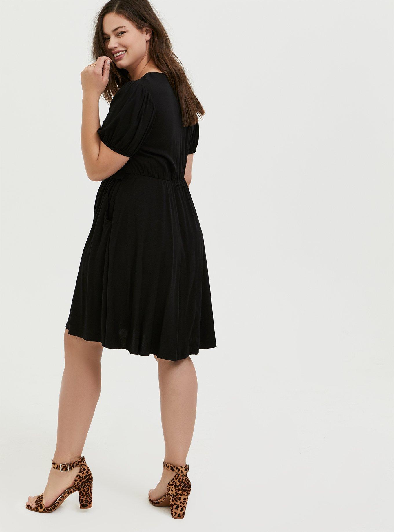 Plus Size - Black Challis Lace-Up Waist Skater Dress - Torrid