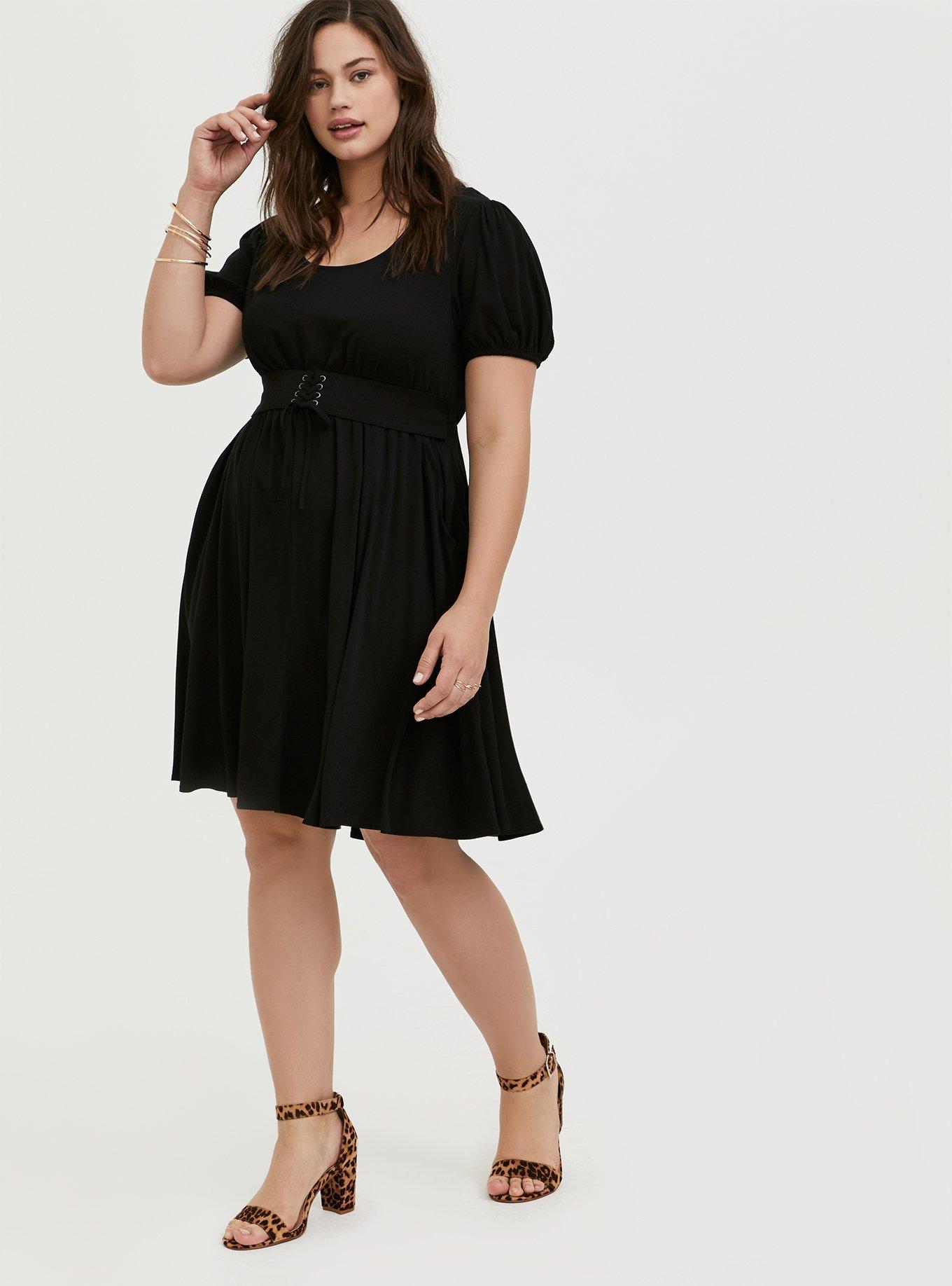 Plus Size - Black Challis Lace-Up Waist Skater Dress - Torrid