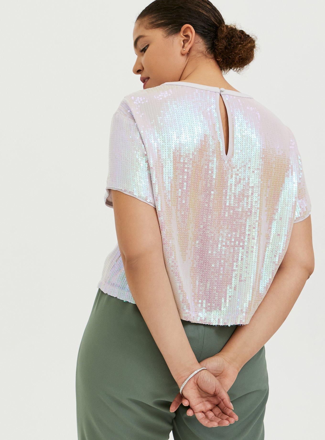 Plus Size - White Iridescent Sequins Crop Tee - Torrid