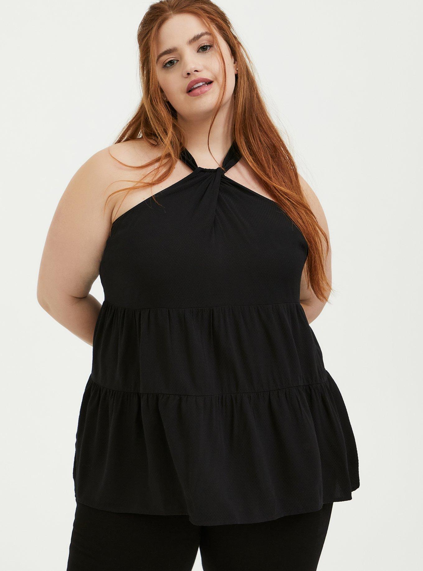 Plus Size - Black Textured Shirred Hem Halter Tunic Top - Torrid