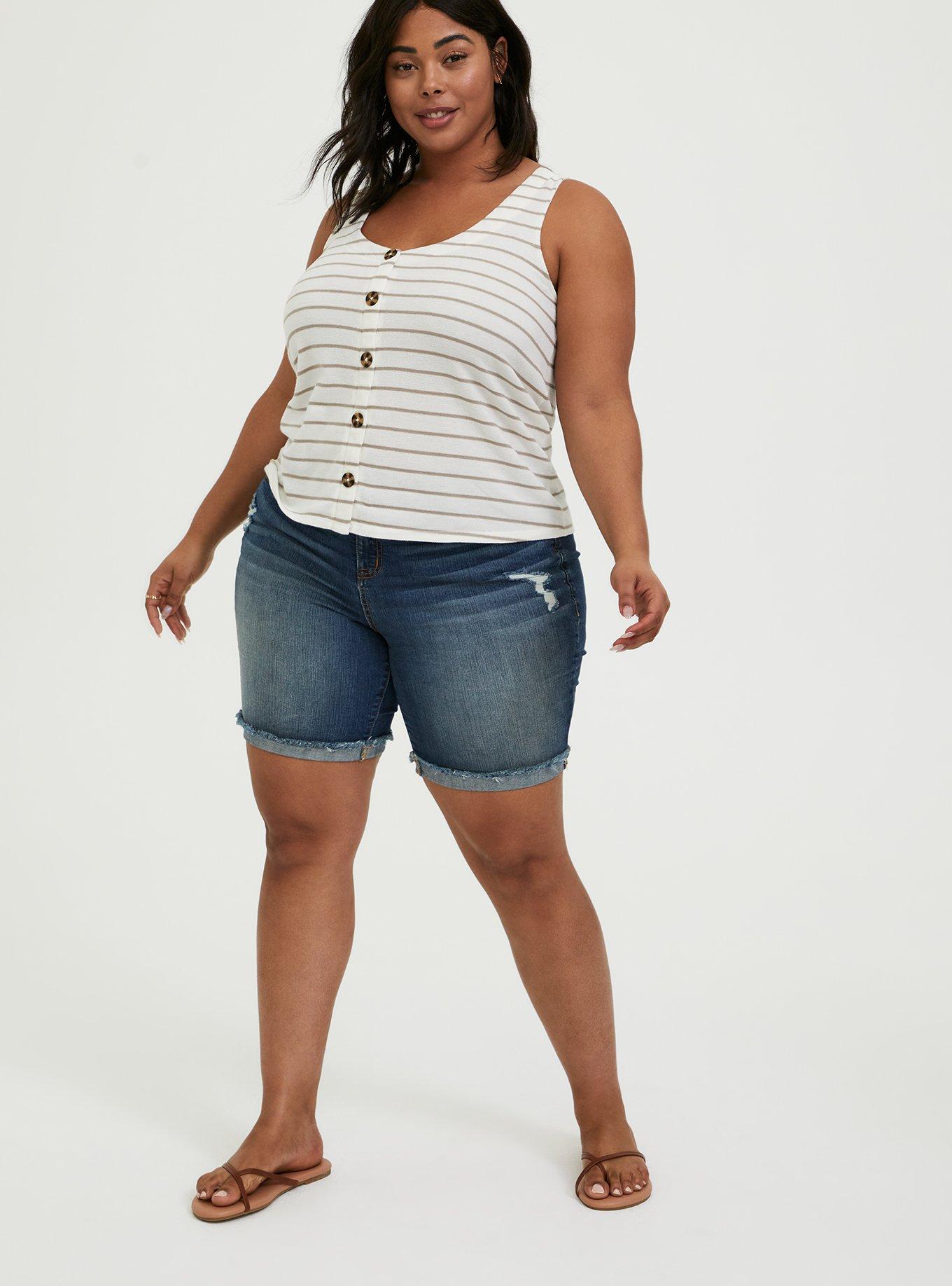 Plus Size - Ivory & Taupe Stripe Button Tank - Torrid