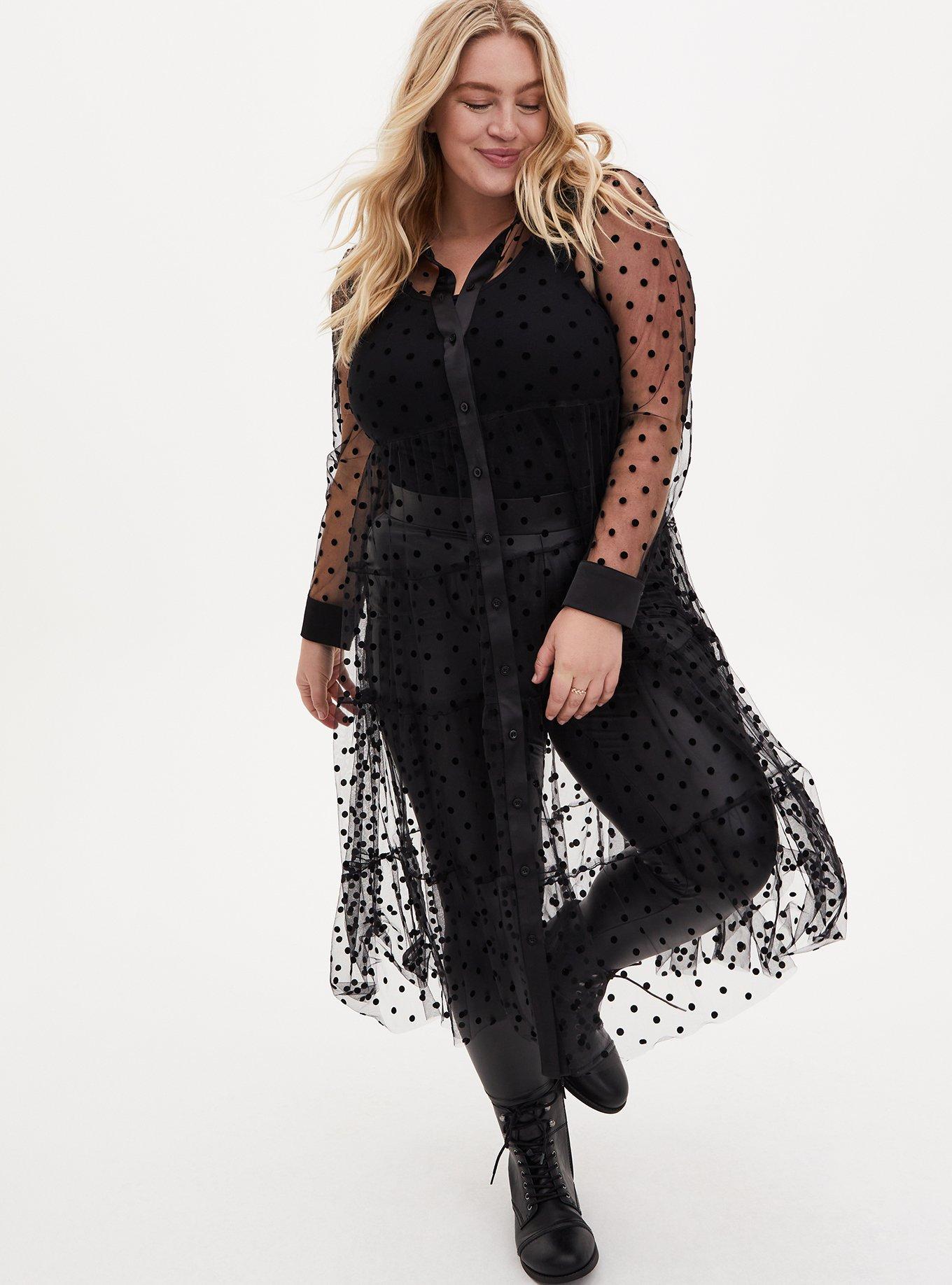 Plus Size - Black Flocked Mesh Button Front Tiered Duster Kimono - Torrid