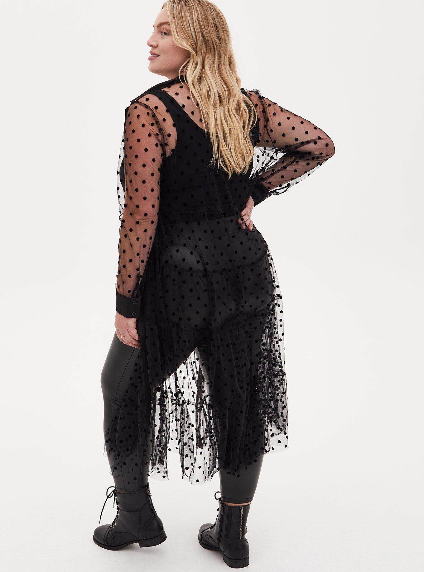 Plus Size - Black Flocked Mesh Button Front Tiered Duster Kimono - Torrid