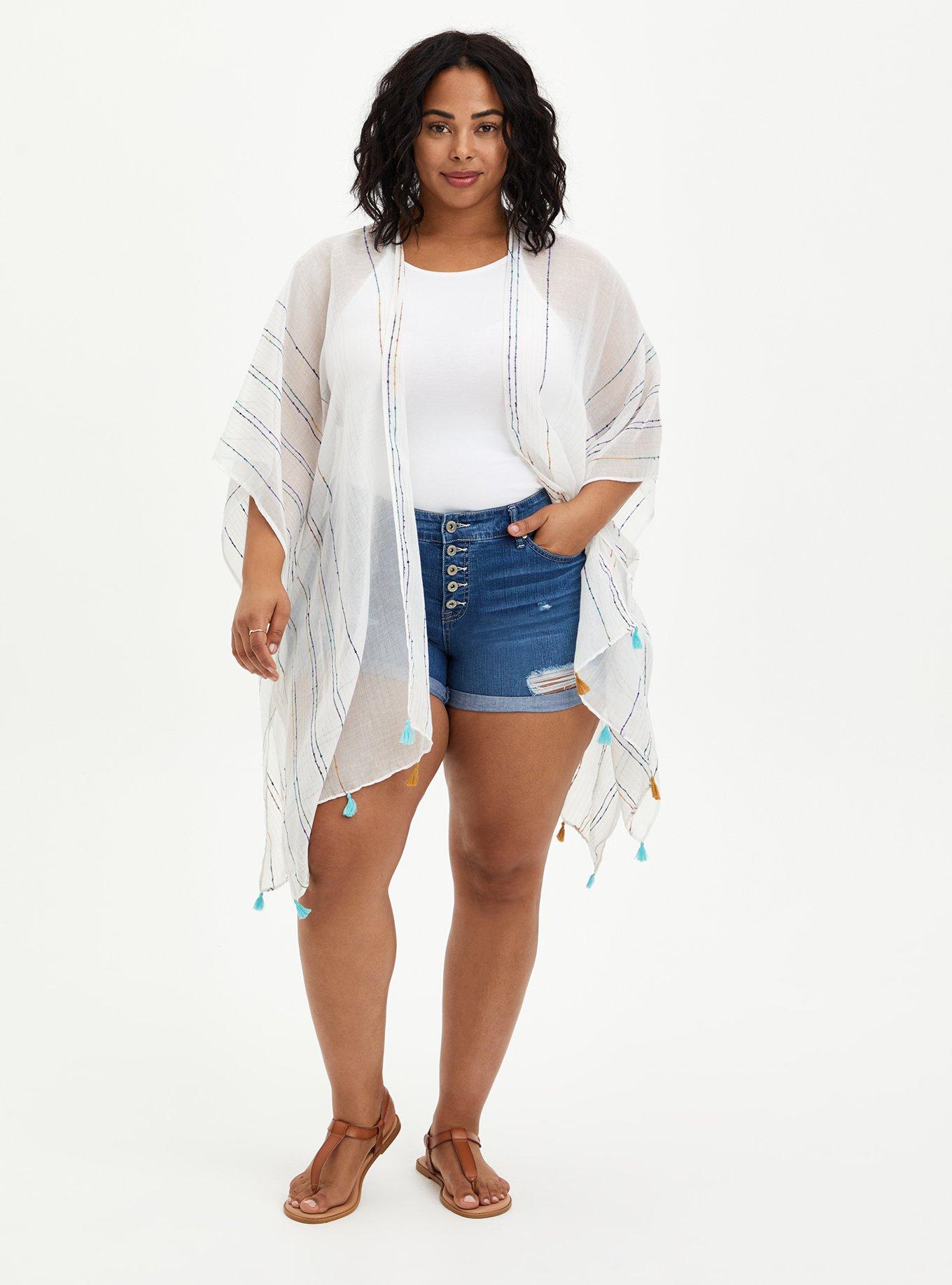 Plus Size - Ivory & Rainbow Stripe Fringe Ruana - Torrid