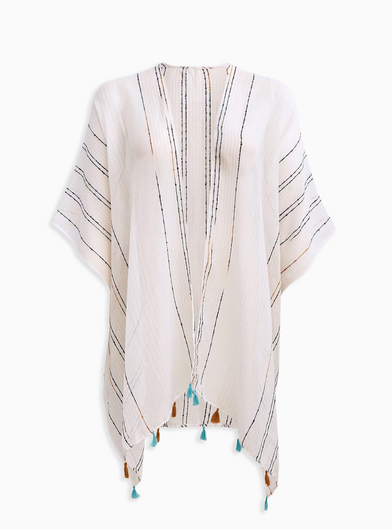 Plus Size - Ivory & Rainbow Stripe Fringe Ruana - Torrid