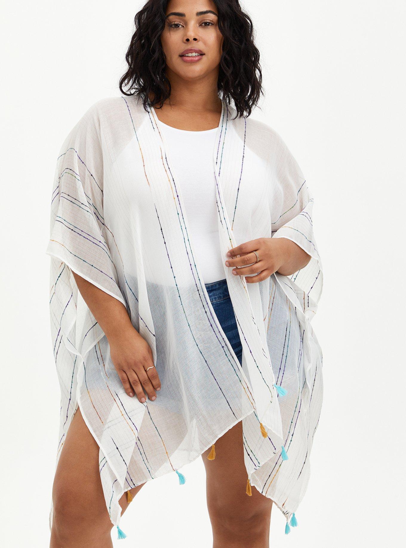 Plus Size - Ivory & Rainbow Stripe Fringe Ruana - Torrid