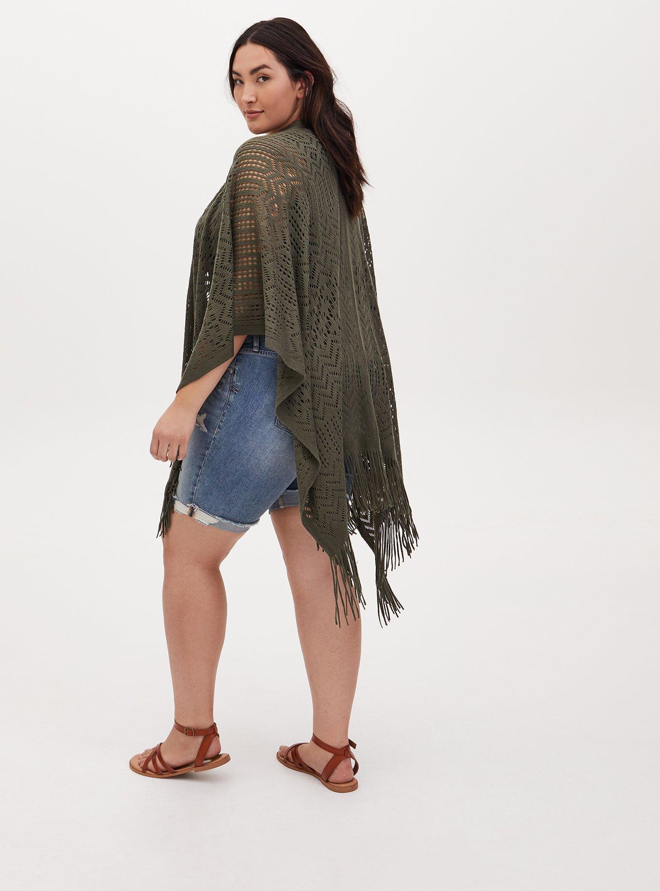 Plus Size - Olive Green Zig Zag Pointelle Fringe Ruana - Torrid