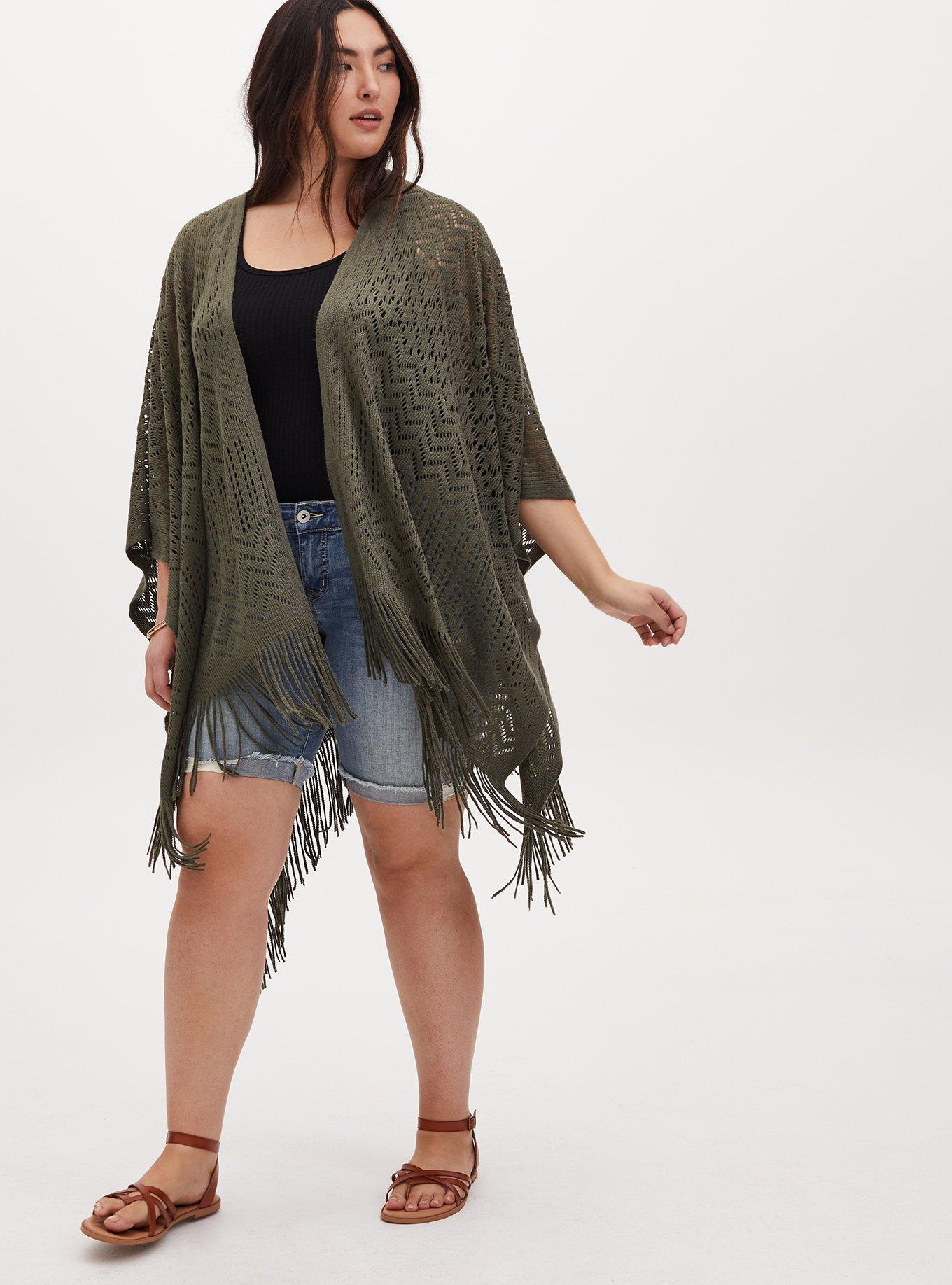 Plus Size - Olive Green Zig Zag Pointelle Fringe Ruana - Torrid