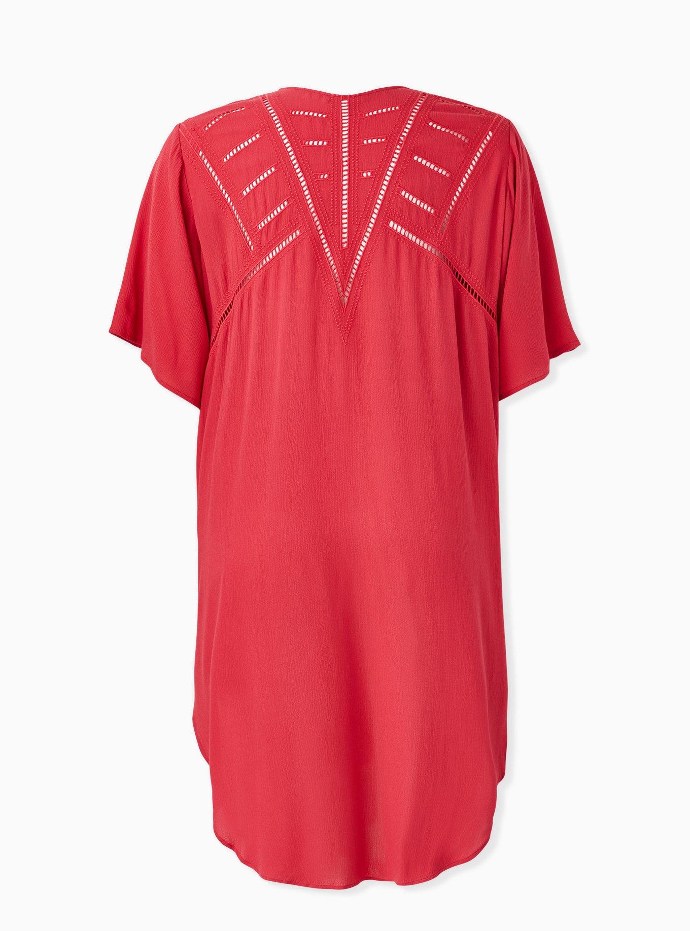 Plus Size - Red Crinkled Gauze Crochet Inset Longline Kimono - Torrid