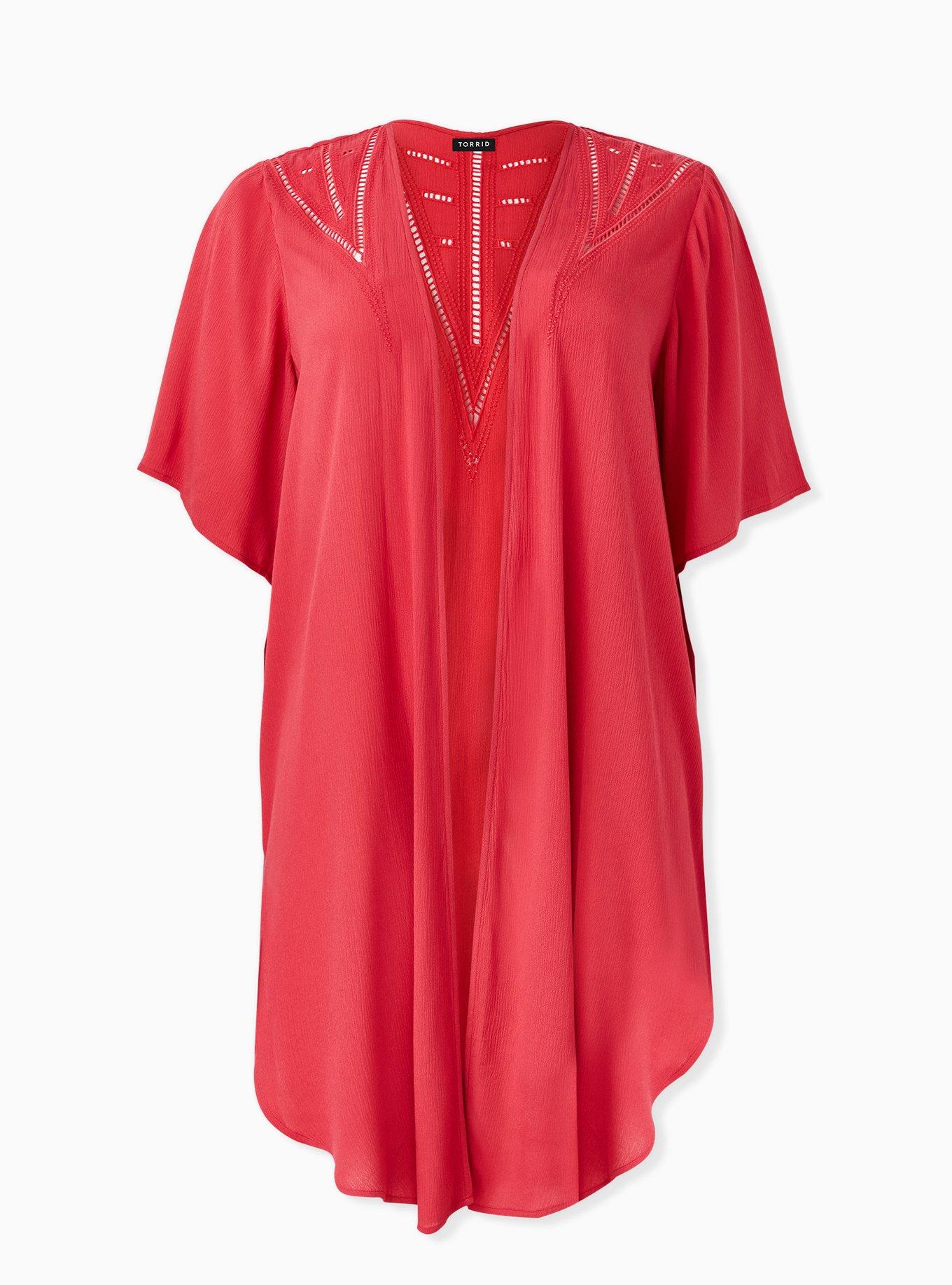 Plus Size - Red Crinkled Gauze Crochet Inset Longline Kimono - Torrid