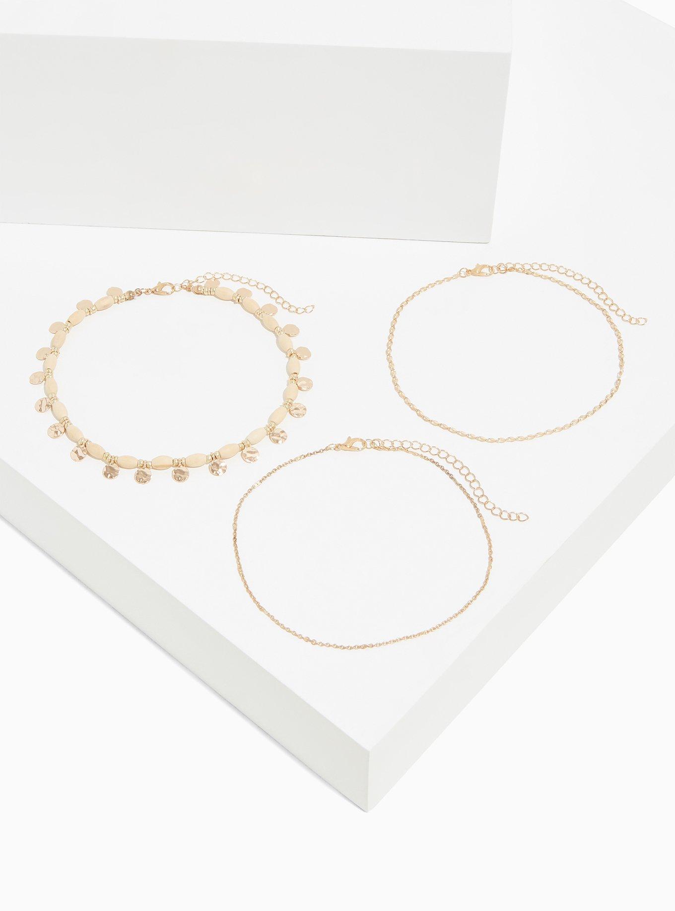 Plus Size - Gold-Tone & Ivory Bead Anklet Set - Set of 3 - Torrid
