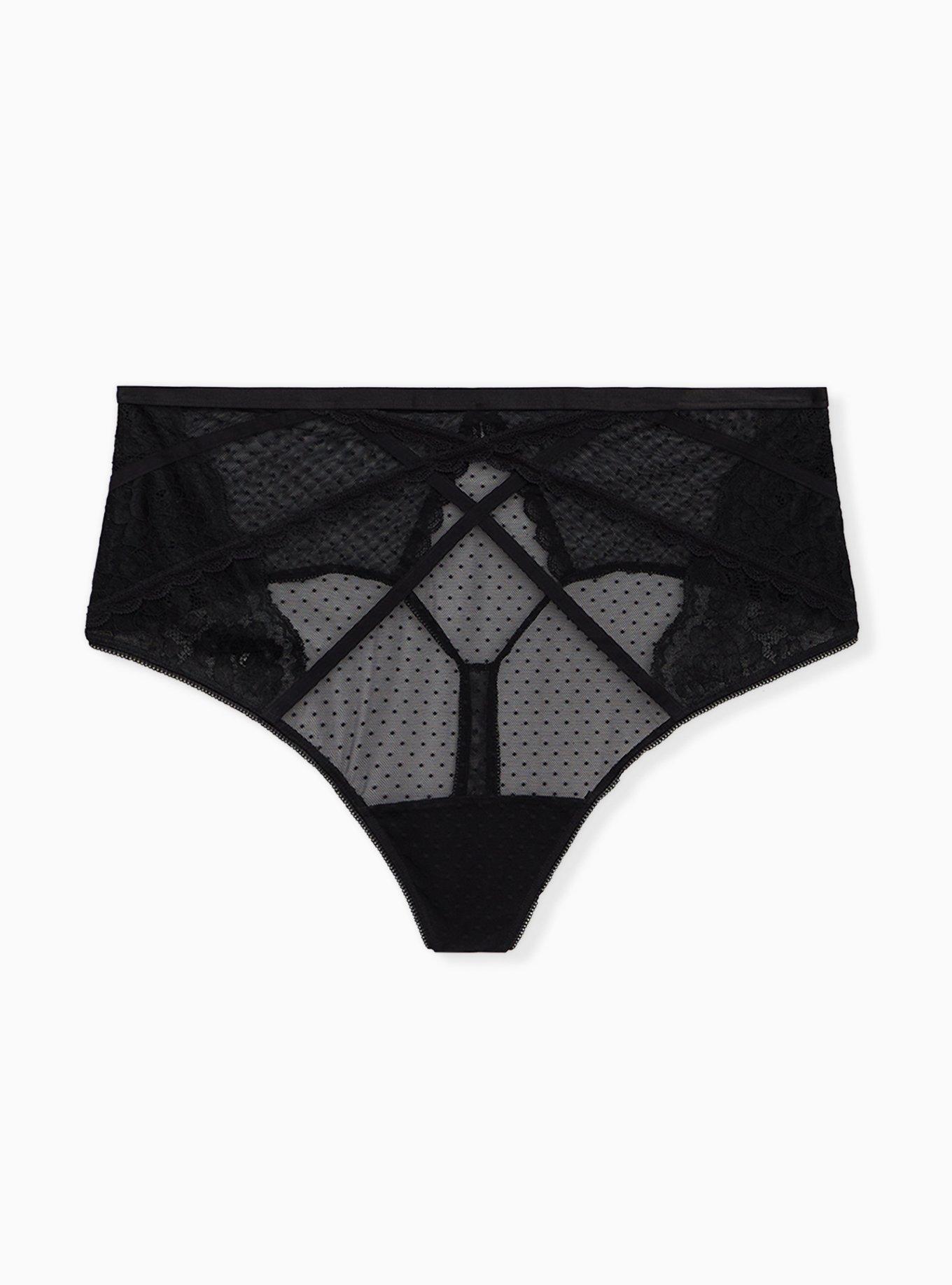 Plus Size - Black Swiss Dot & Lace Cutout Back High Waist Thong Panty ...