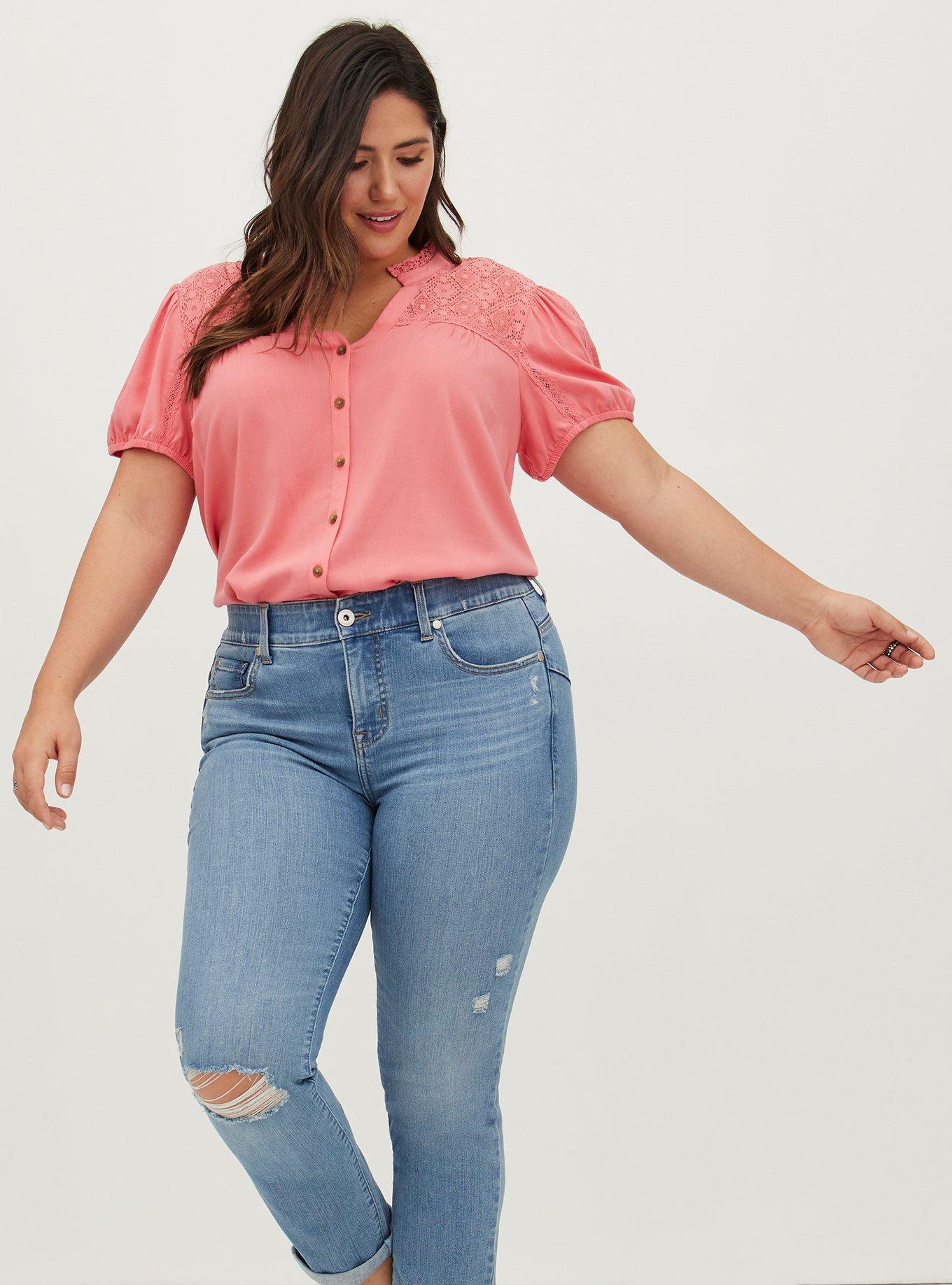 Plus Size - Lace Inset Blouse - Textured Stretch Rayon Pink - Torrid