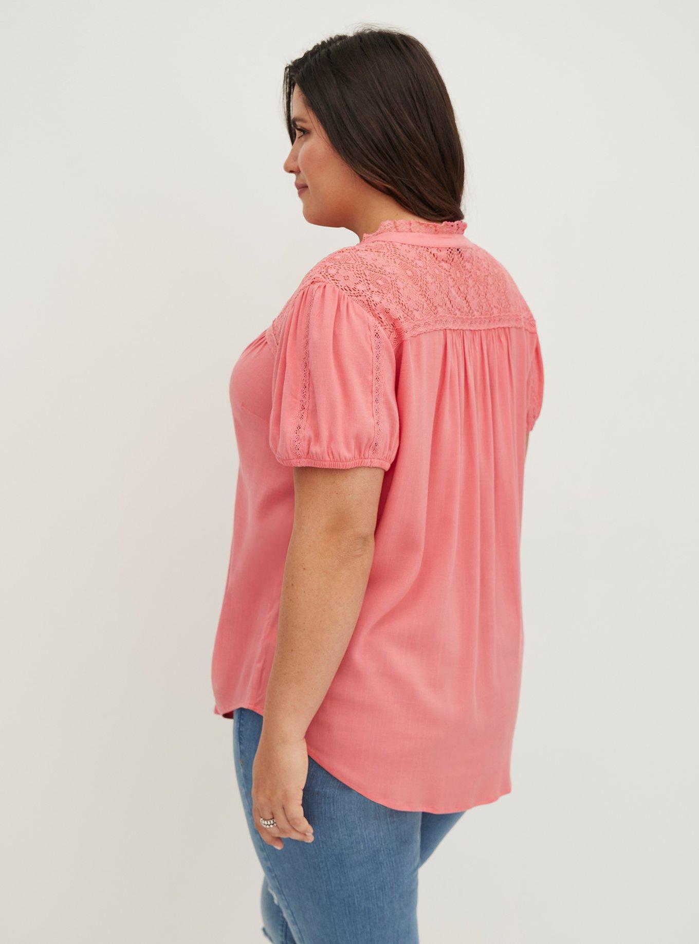 Plus Size - Lace Inset Blouse - Textured Stretch Rayon Pink - Torrid