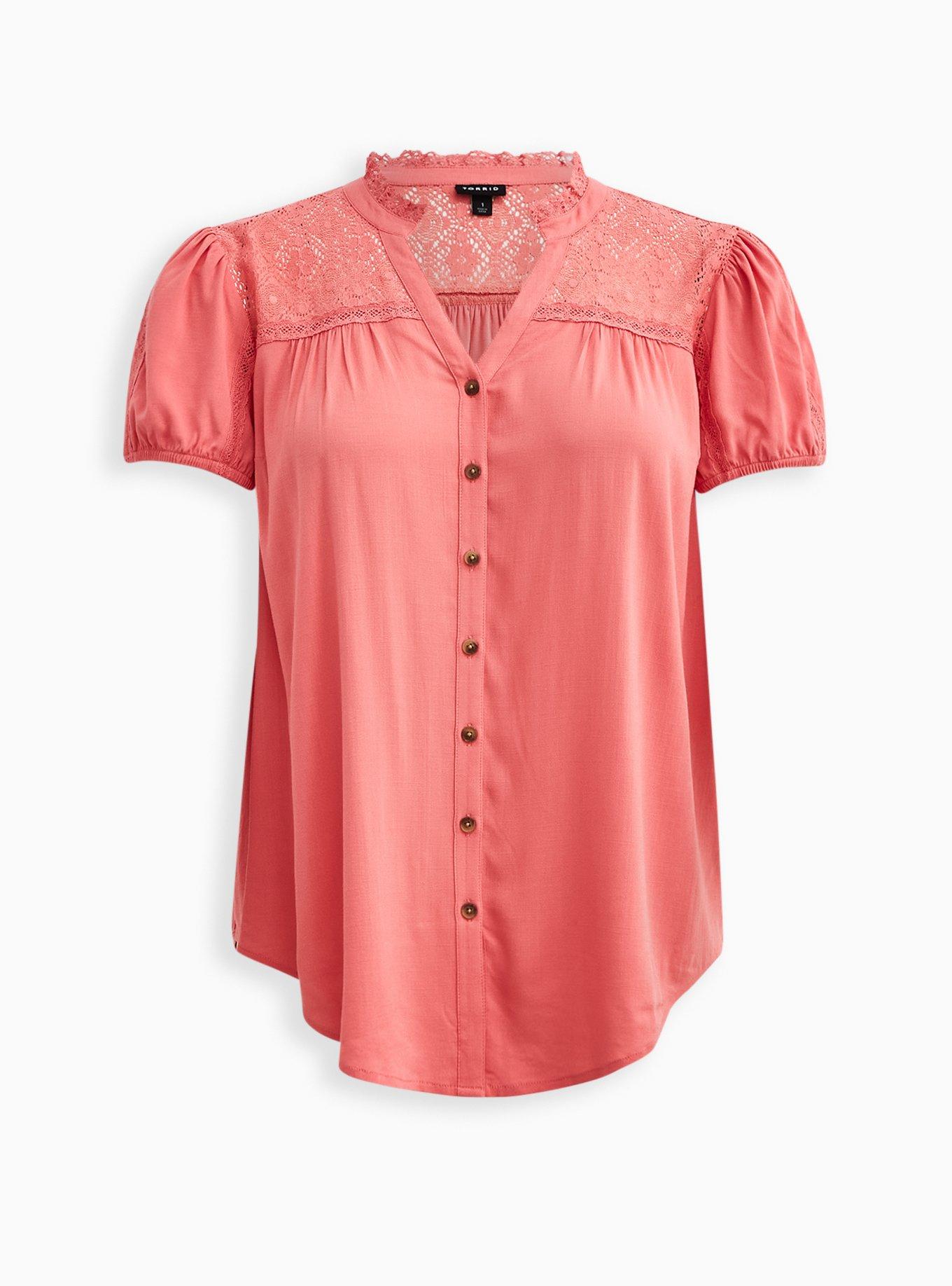 Plus Size - Lace Inset Blouse - Textured Stretch Rayon Pink - Torrid
