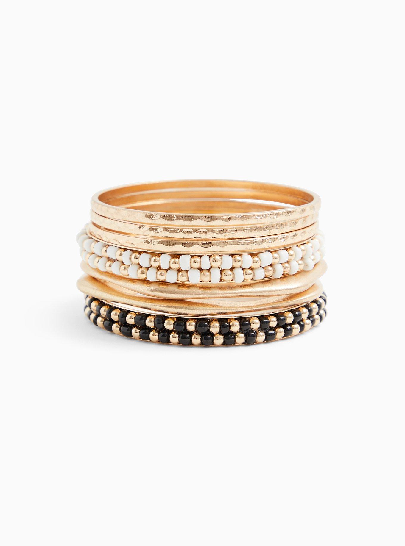 Plus Size - Gold-Tone & Black Bead Bangle Set - Set of 7 - Torrid