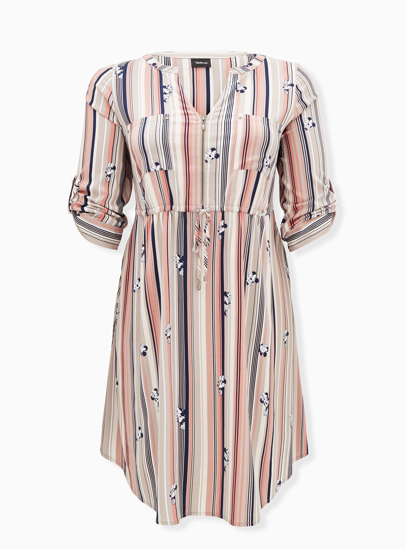 Plus Size - Disney Minnie Mouse Stripe Challis Zip Front Drawstring Shirt Dress - Torrid