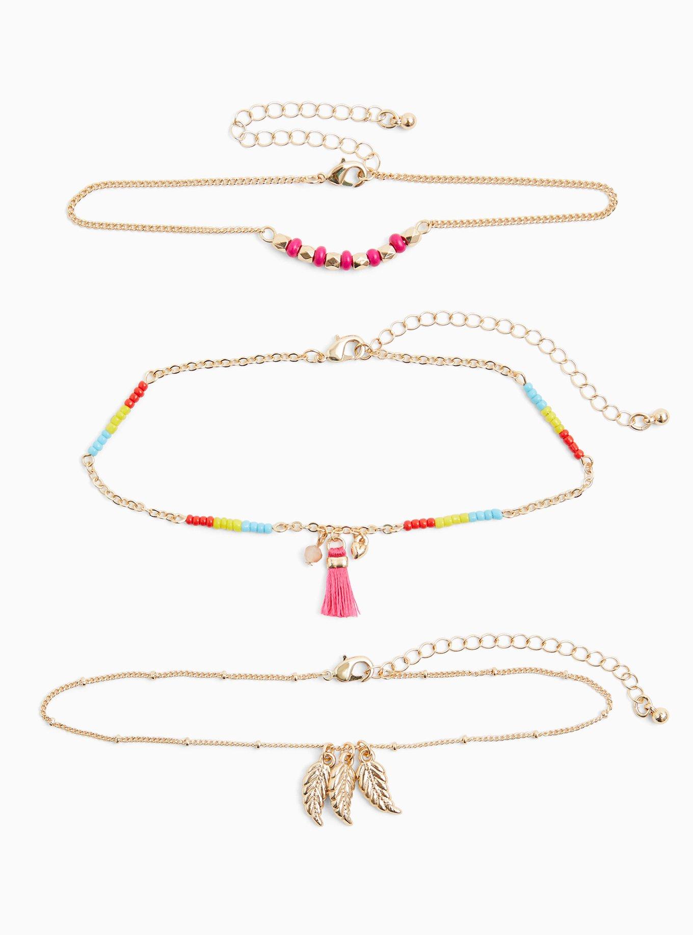 Plus Size - Hot Pink & Gold-Tone Anklet Set - Set of 3 - Torrid